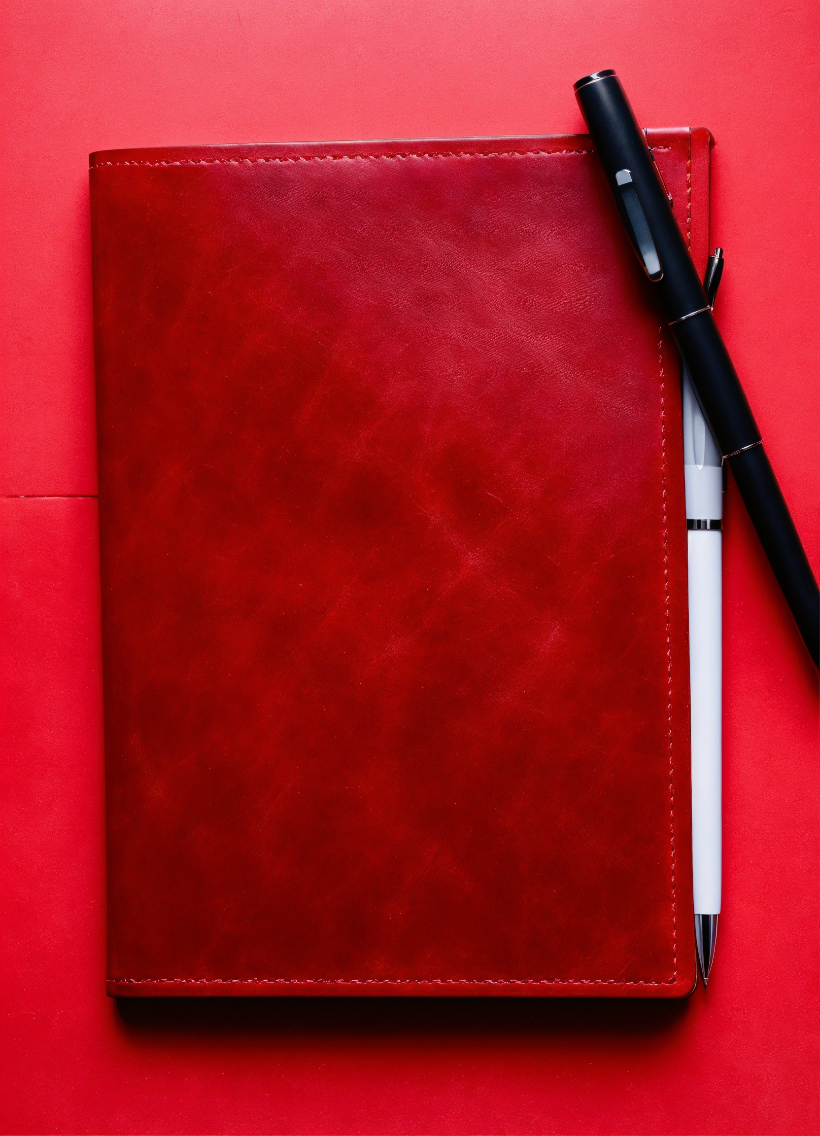 Lexica - Leather notebook with pen lying on a red table, top view ...