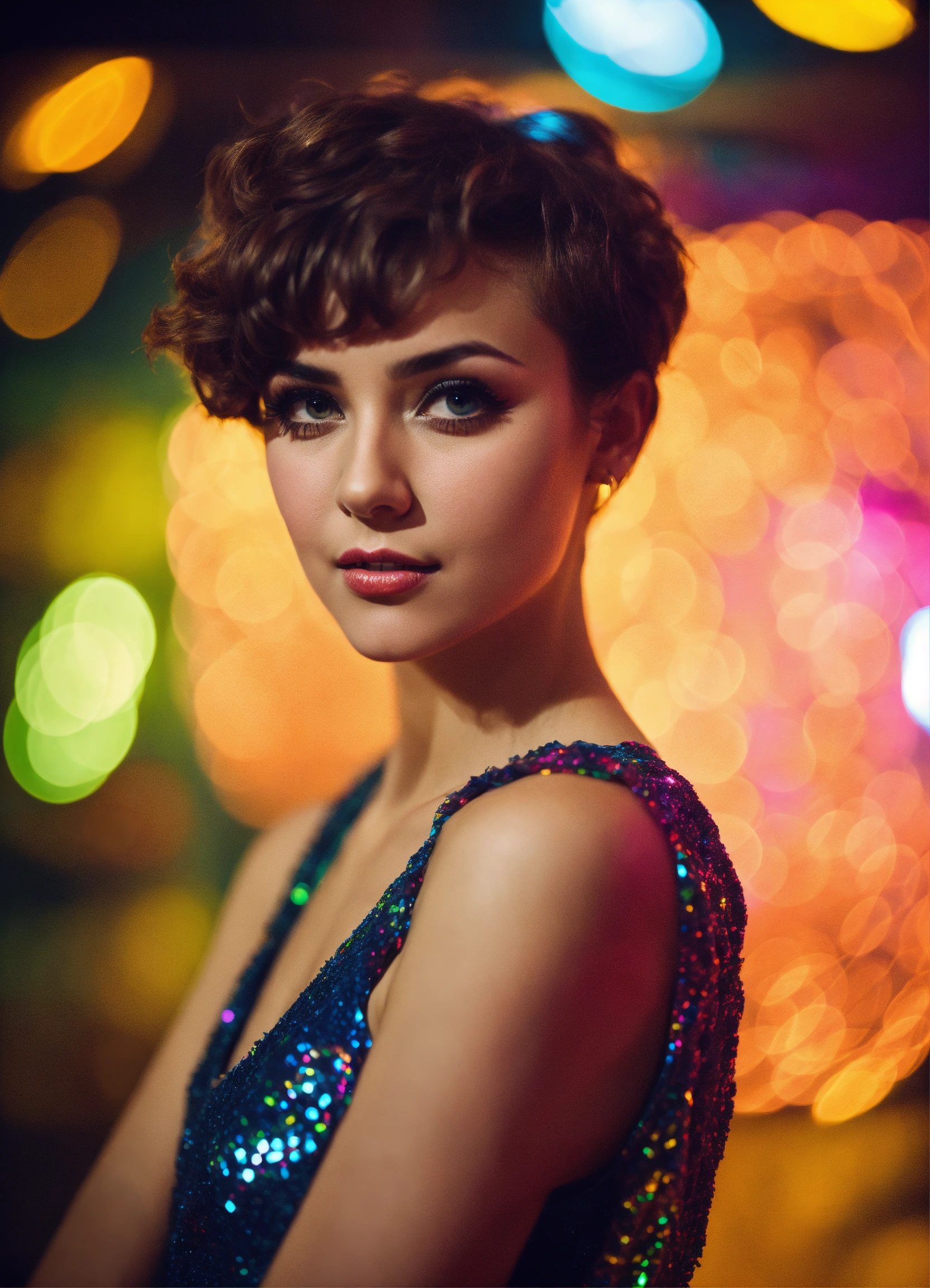 Lexica - Cute woman, style disco dancer,eyes visible, dancing, short hair