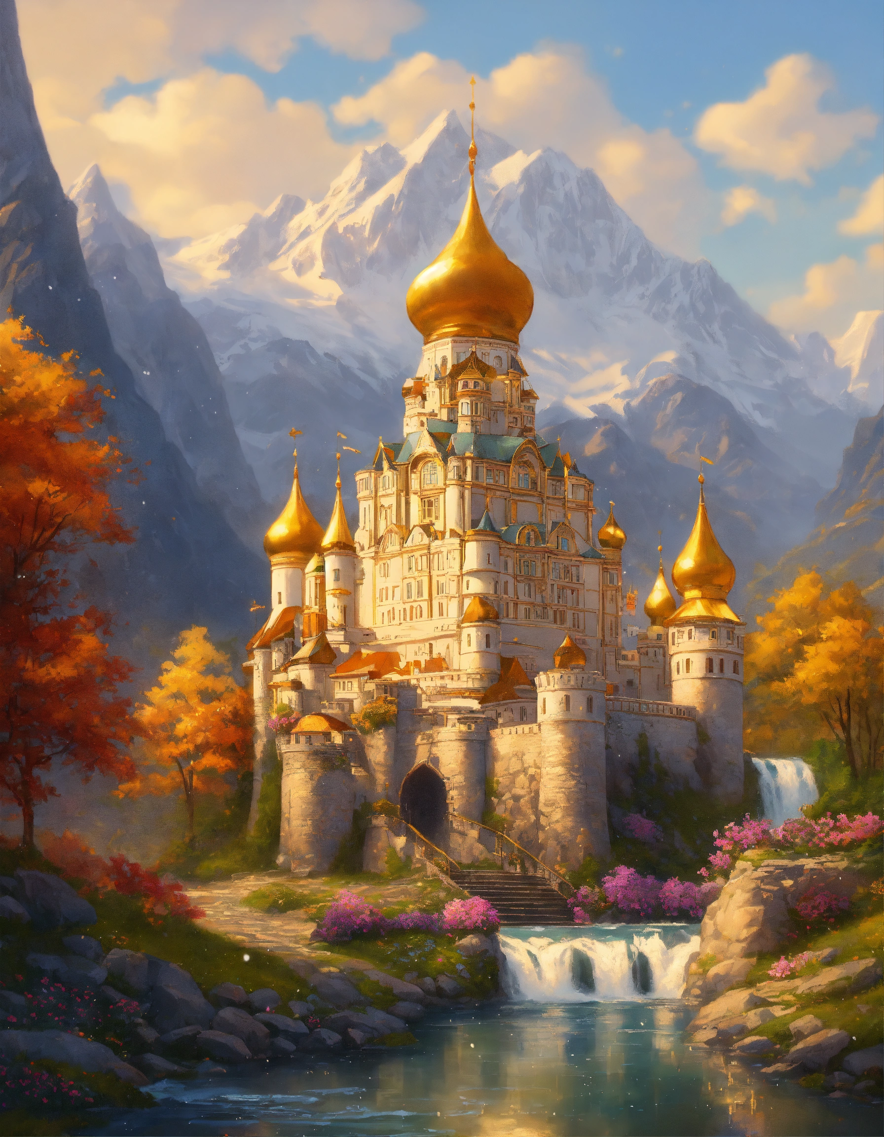 Lexica - Flowers, close-up white and gold Russian castle with pointed ...