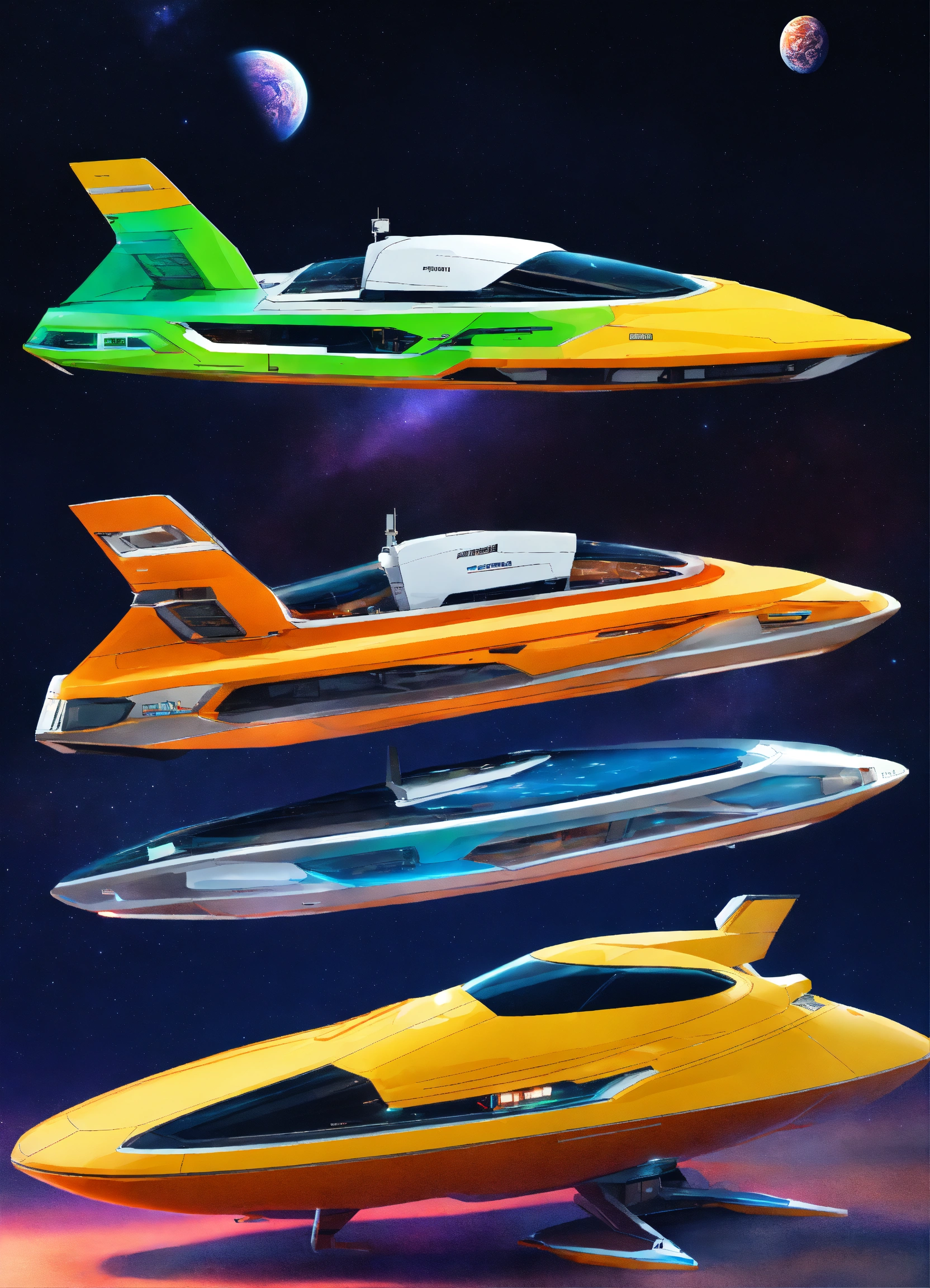 Lexica - 5 Colorful Sporty space yachts all docked at a space yacht ...
