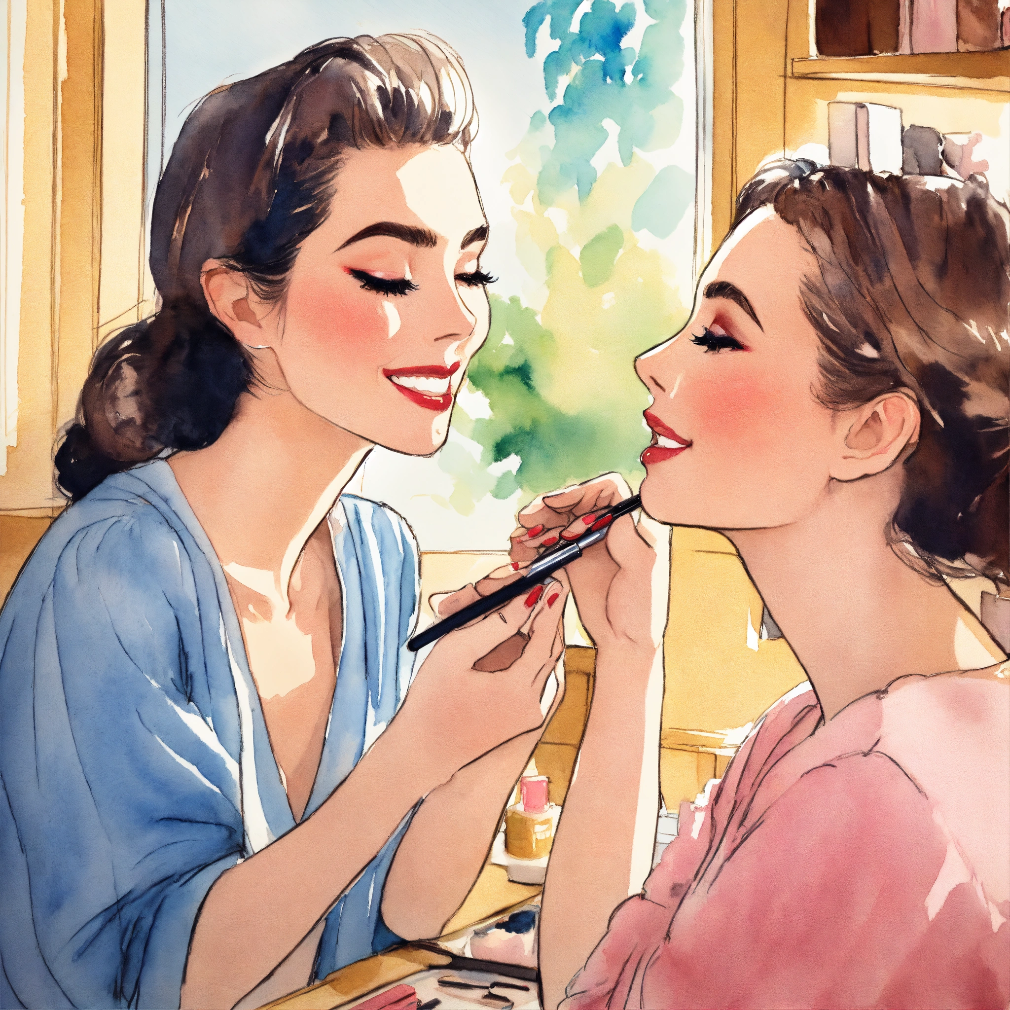 Lexica - Illustration by Herge , a beautiful makeup artist puts on ...