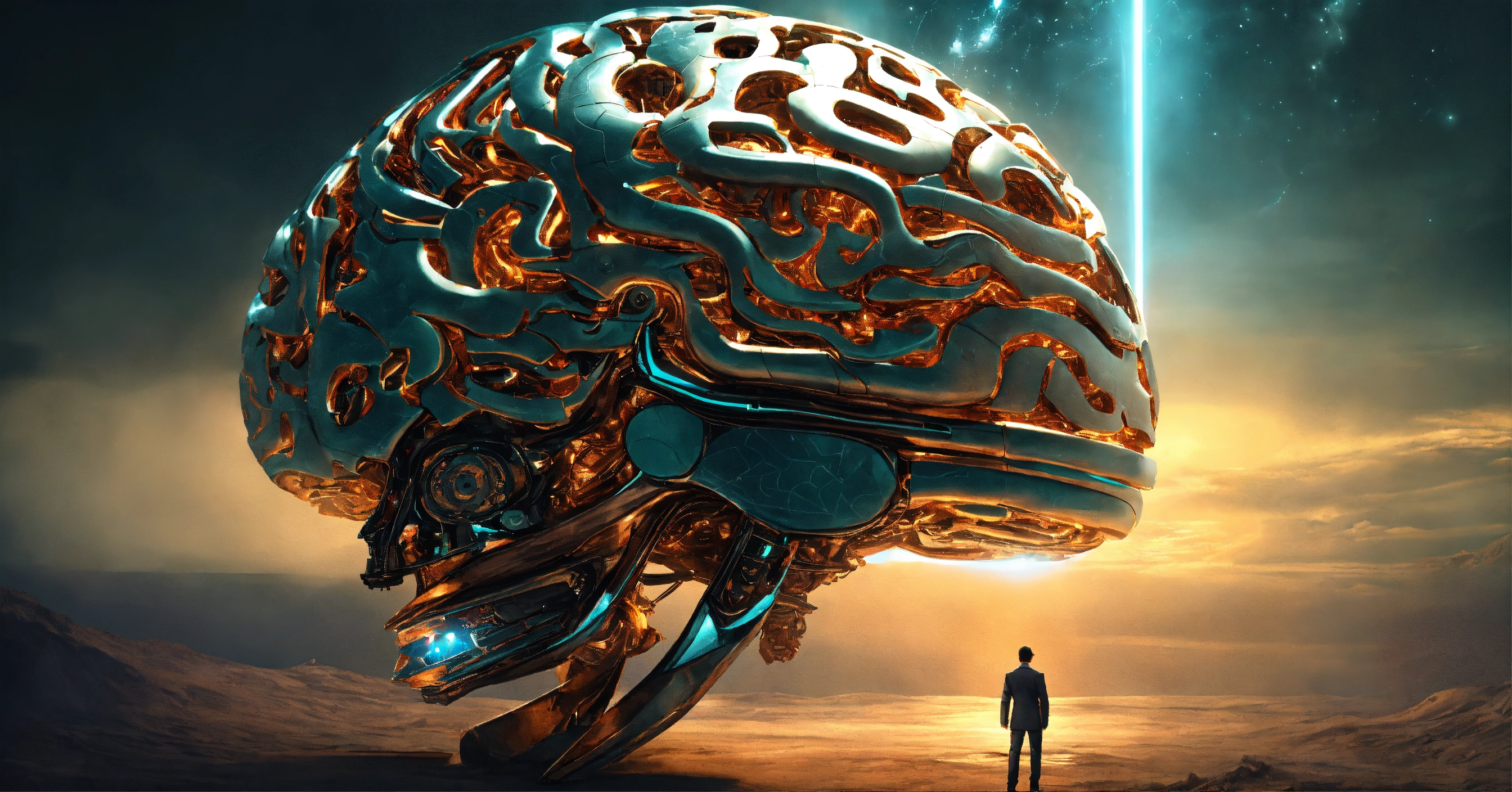 Lexica - Mind reading AI, Human brain with an AI god holding it hovering above the AI gods hand ...