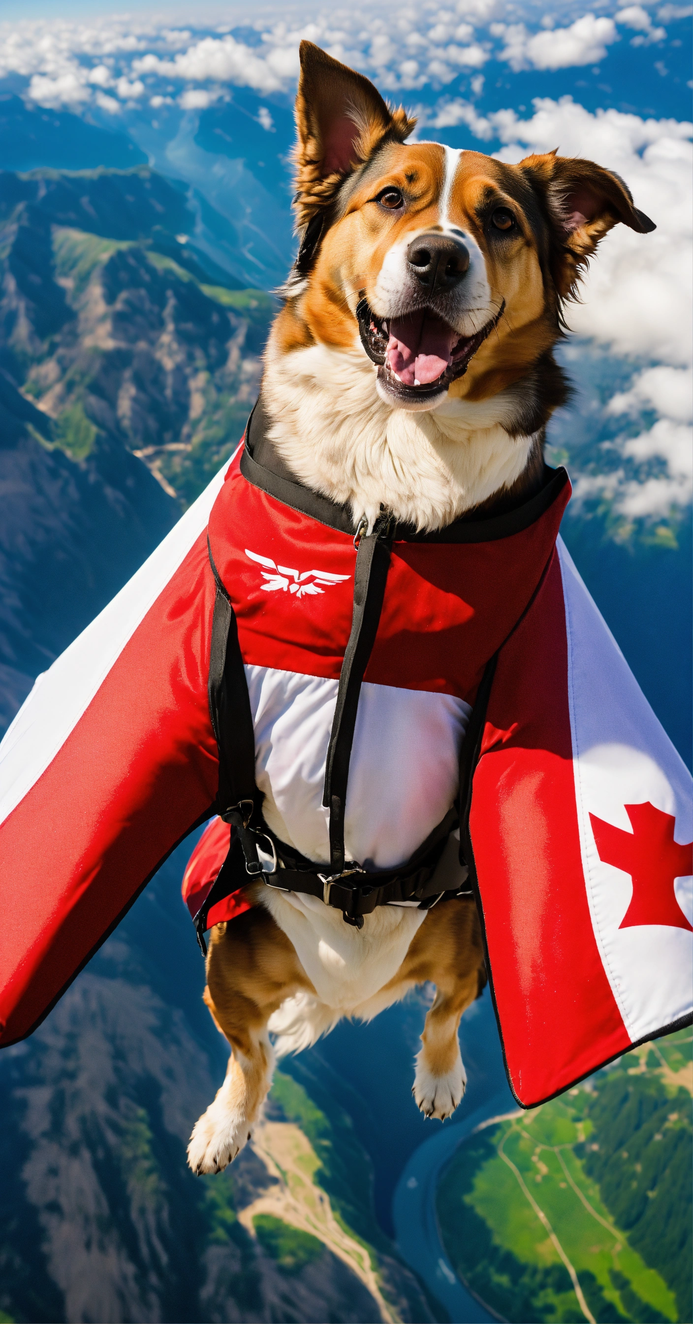 Lexica - Generate a picture of a dog as a wingsuit flyer, soaring ...