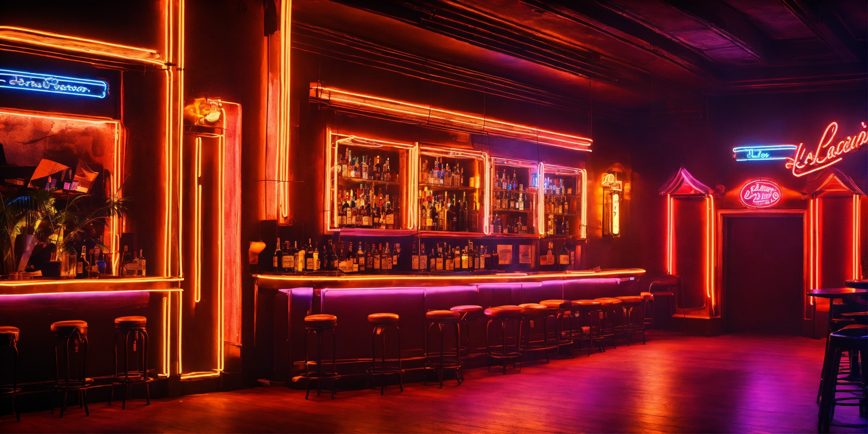 Lexica - Old saloon, bar, neon lights, perspective, deep room, Las ...