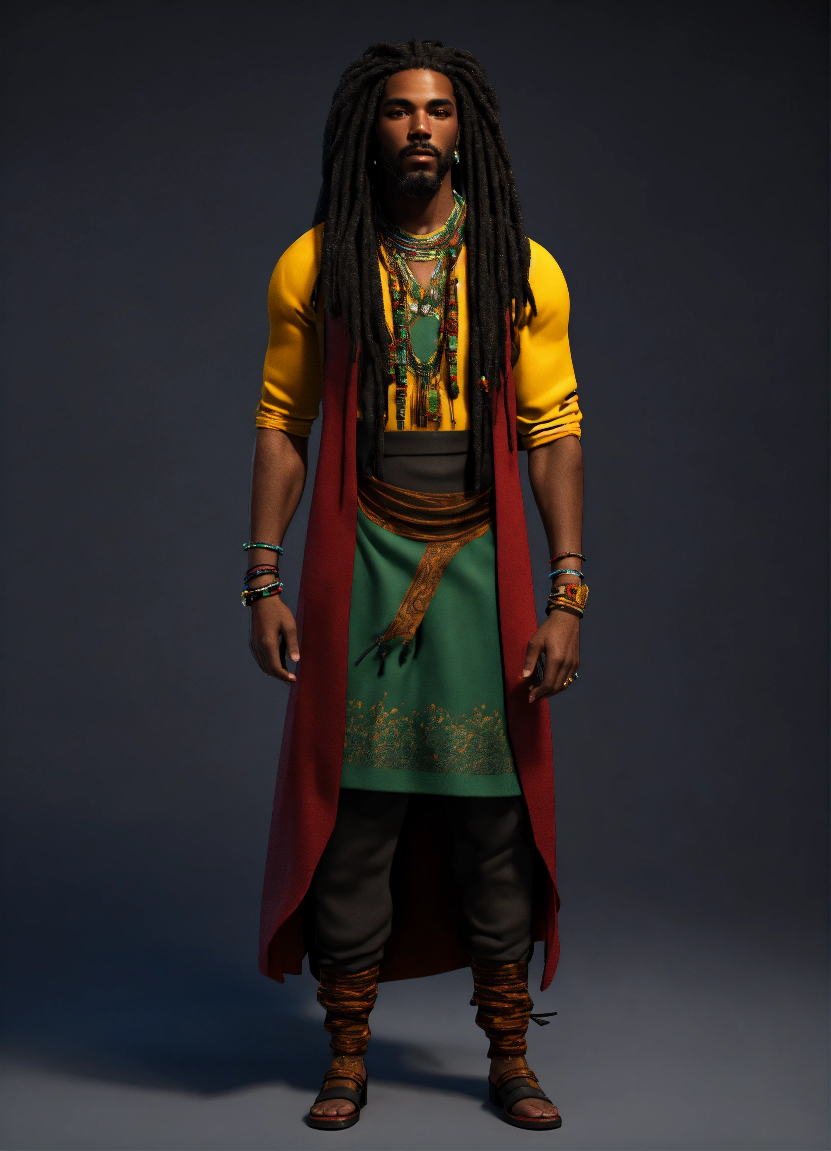Lexica - 3d render of a Black man with long flowing dreadlocks, 6'5" tall, well-built, full body ...