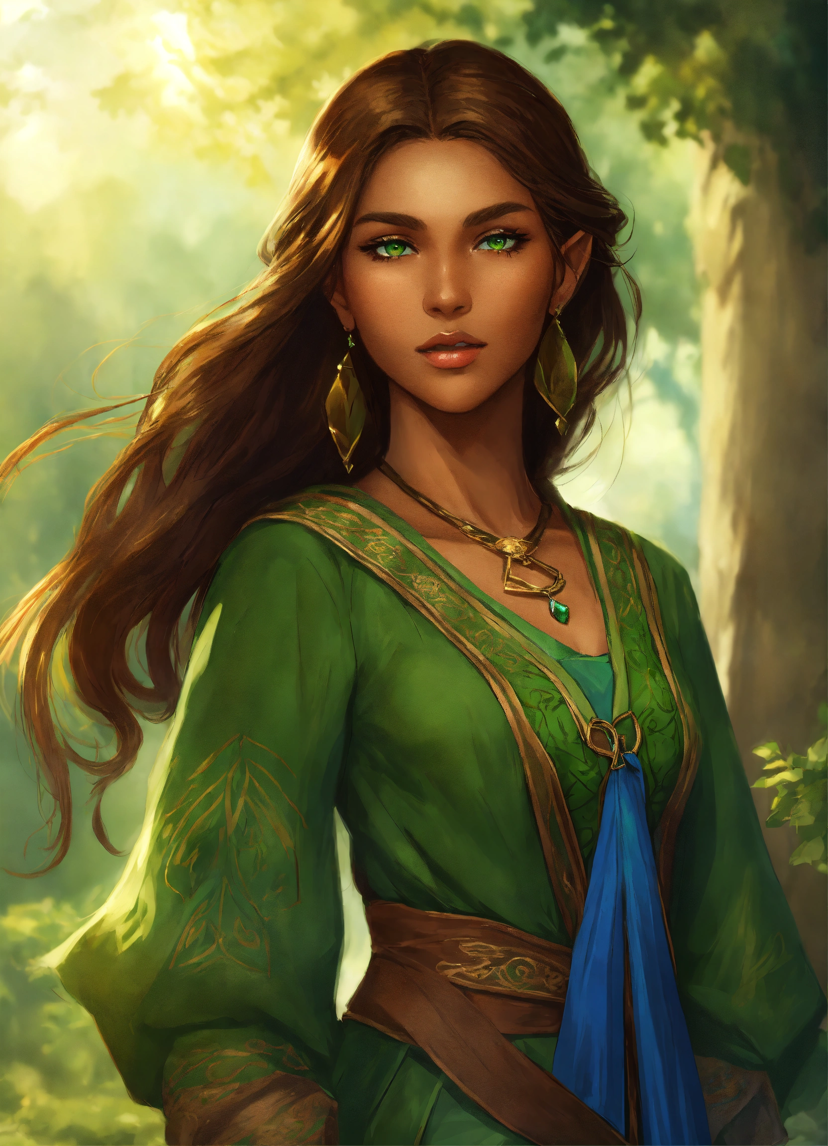 Lexica - Elven woman wearing green and blue peasant clothes, long brown ...