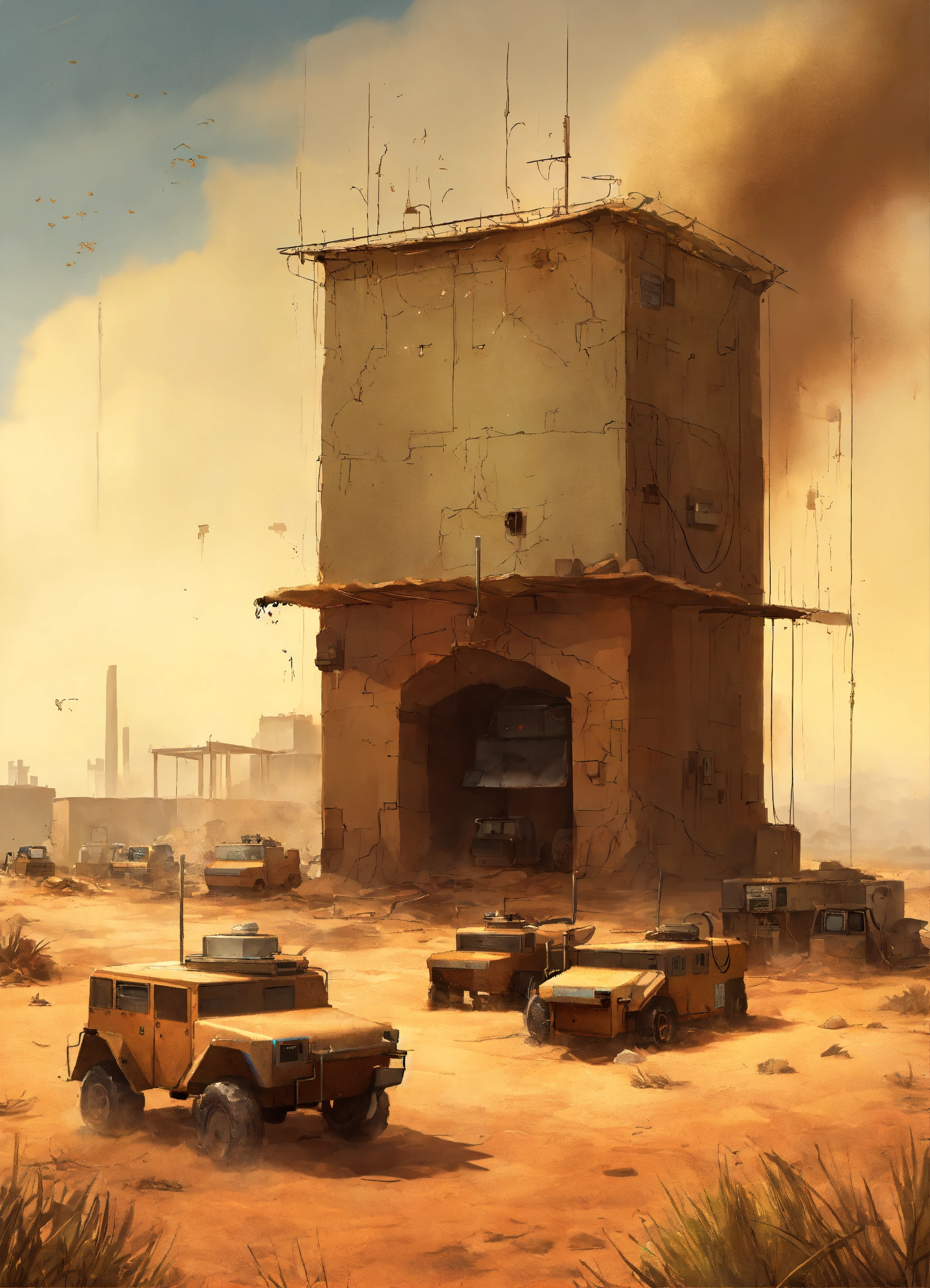 Lexica - Splash screen of a desert with a fortified building facility ...
