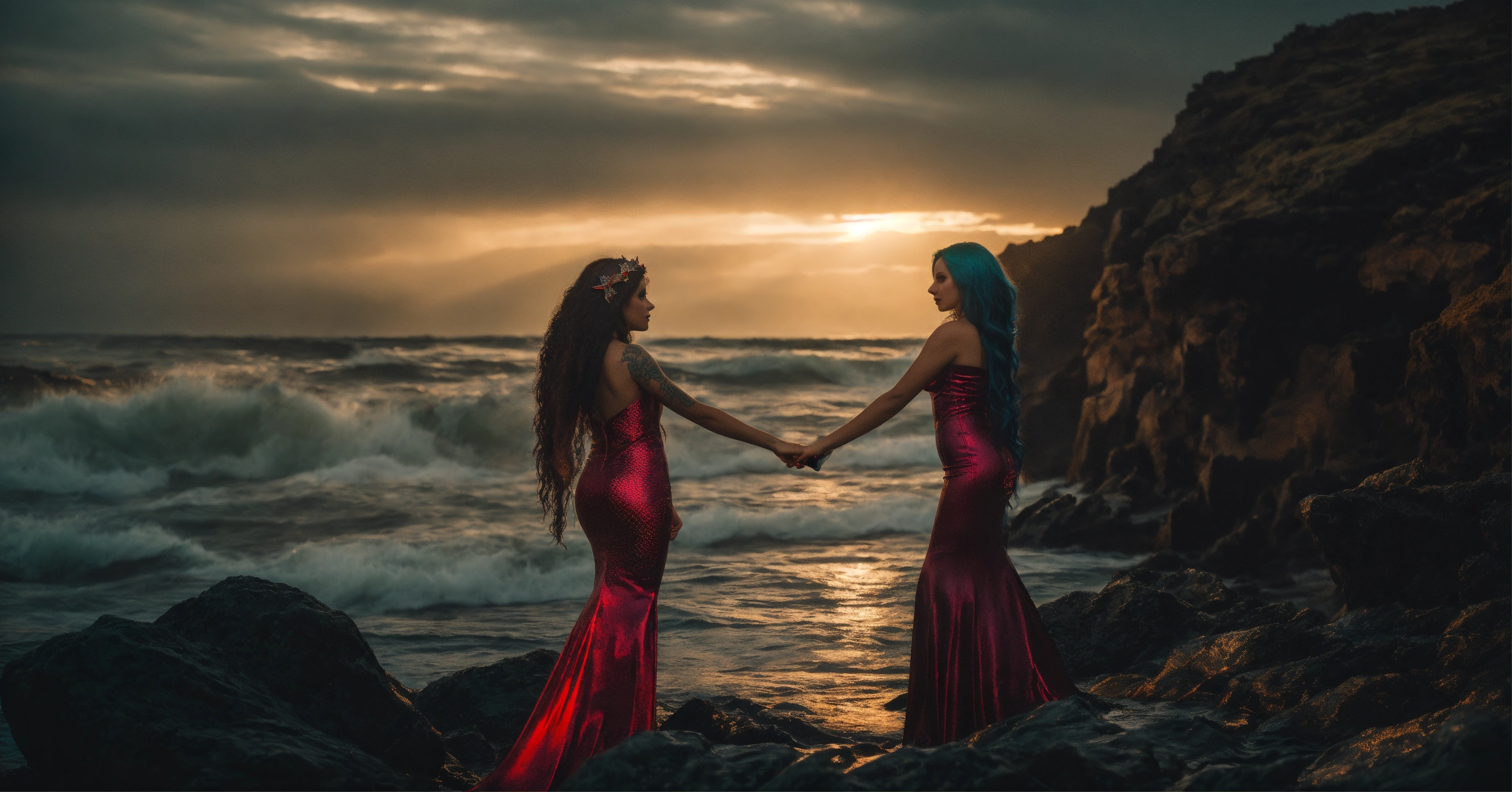 Lexica - Create a 4k detailed photo of two evil sleek mermaids holding ...