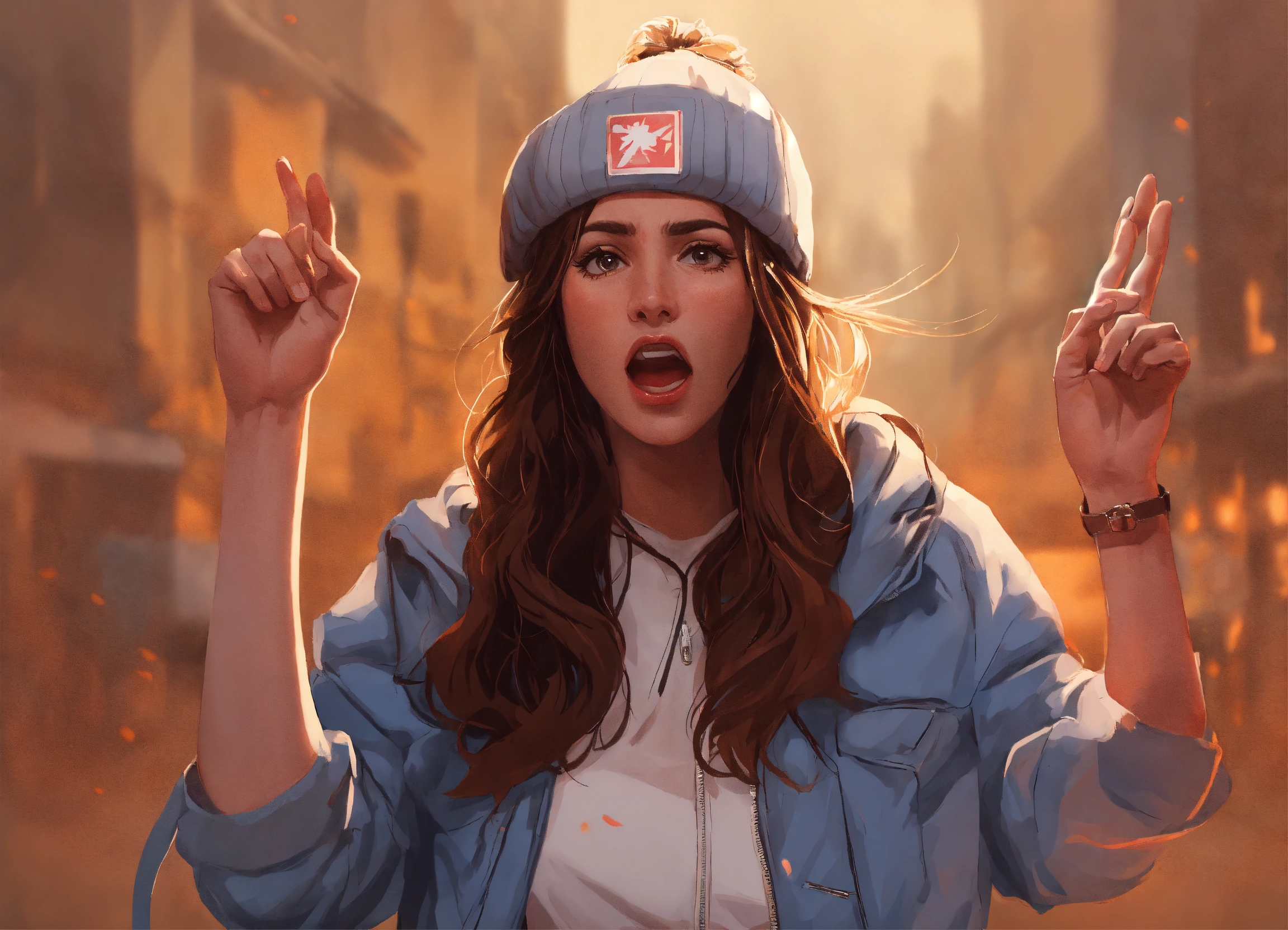 Lexica - A scared lady frantically waving her hands and pointing ...