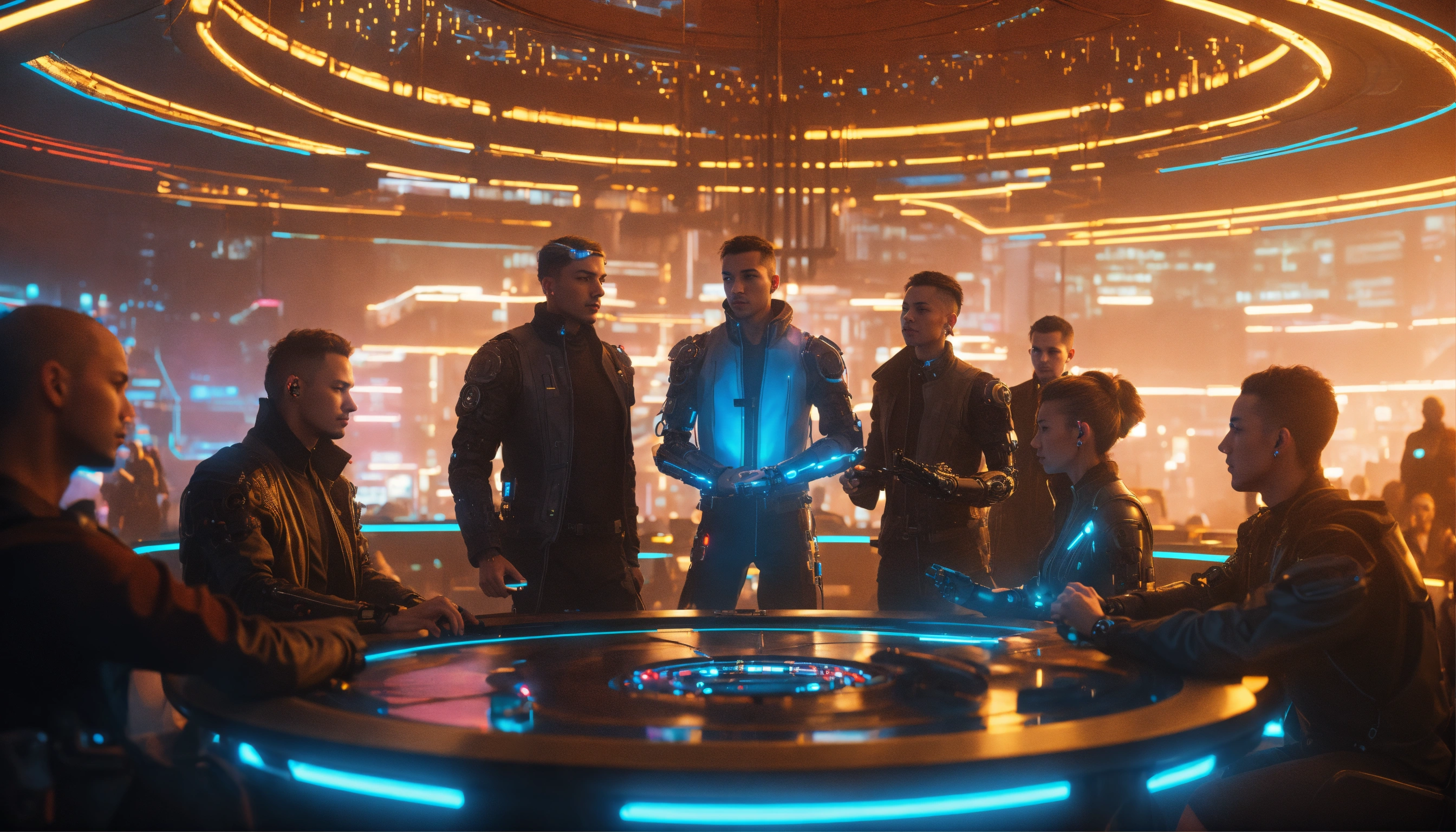 Lexica - Futuristic meeting, people around the cybernetic round table ...