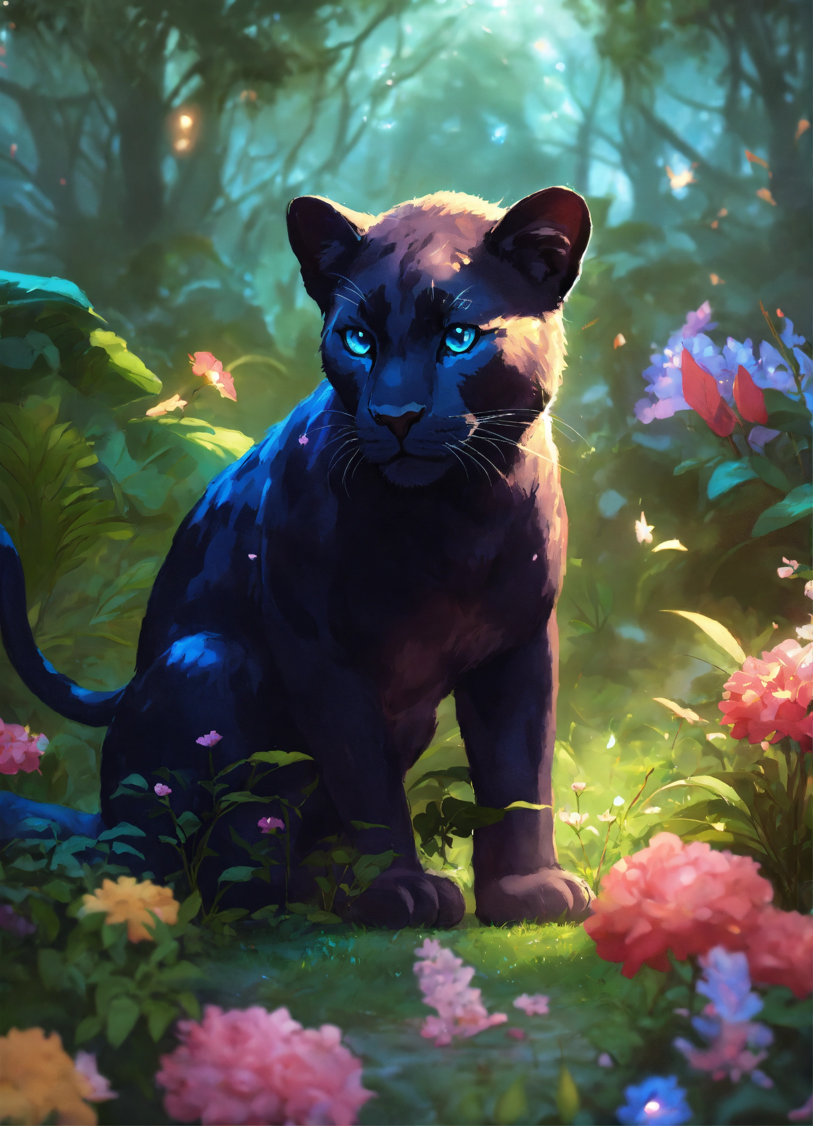 Lexica - Adorable panther in a magical garden, dnd, fantasy with lightning