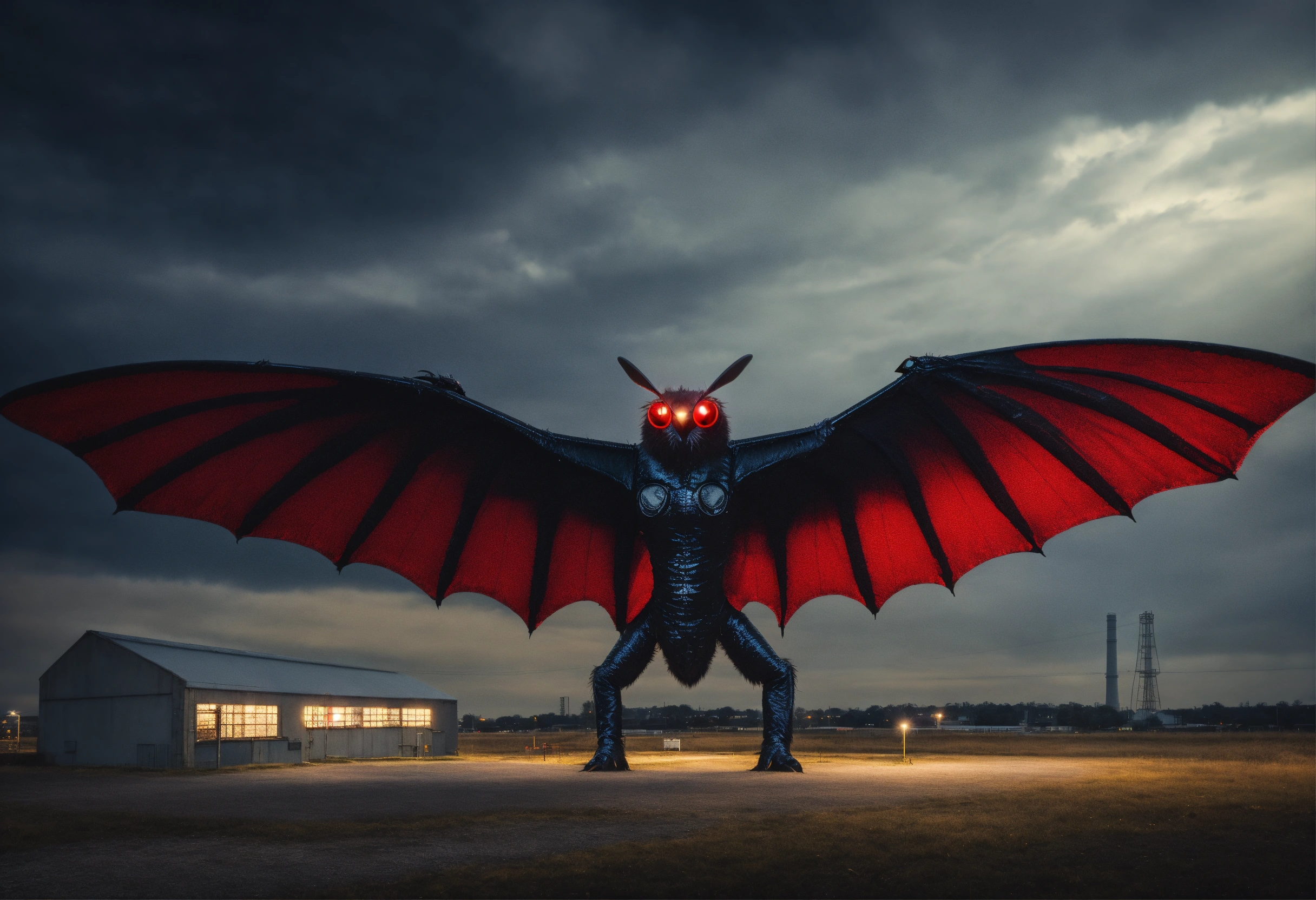 Lexica - Lifelike mothman with red eyes and black body flying over ...