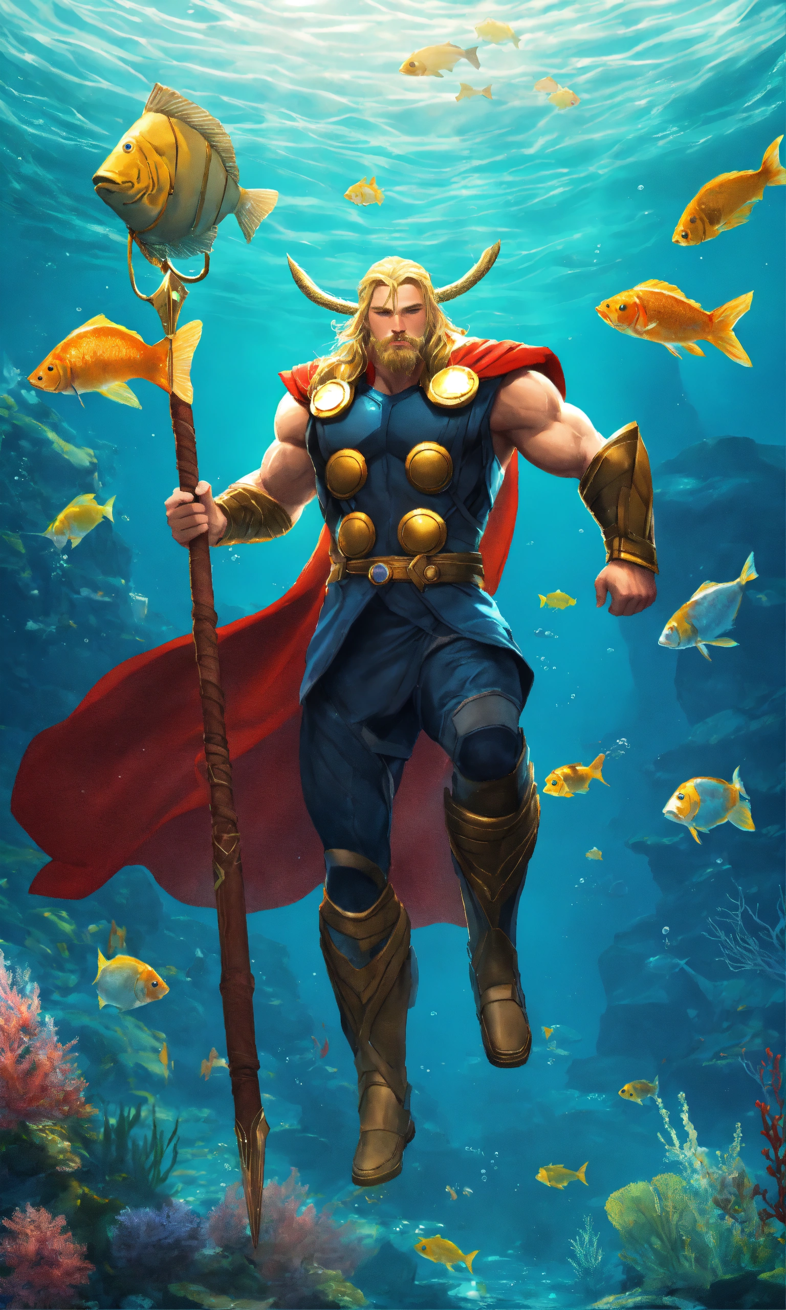 Lexica - Thor with fish underwater in the ocean, nature background, 2D ...