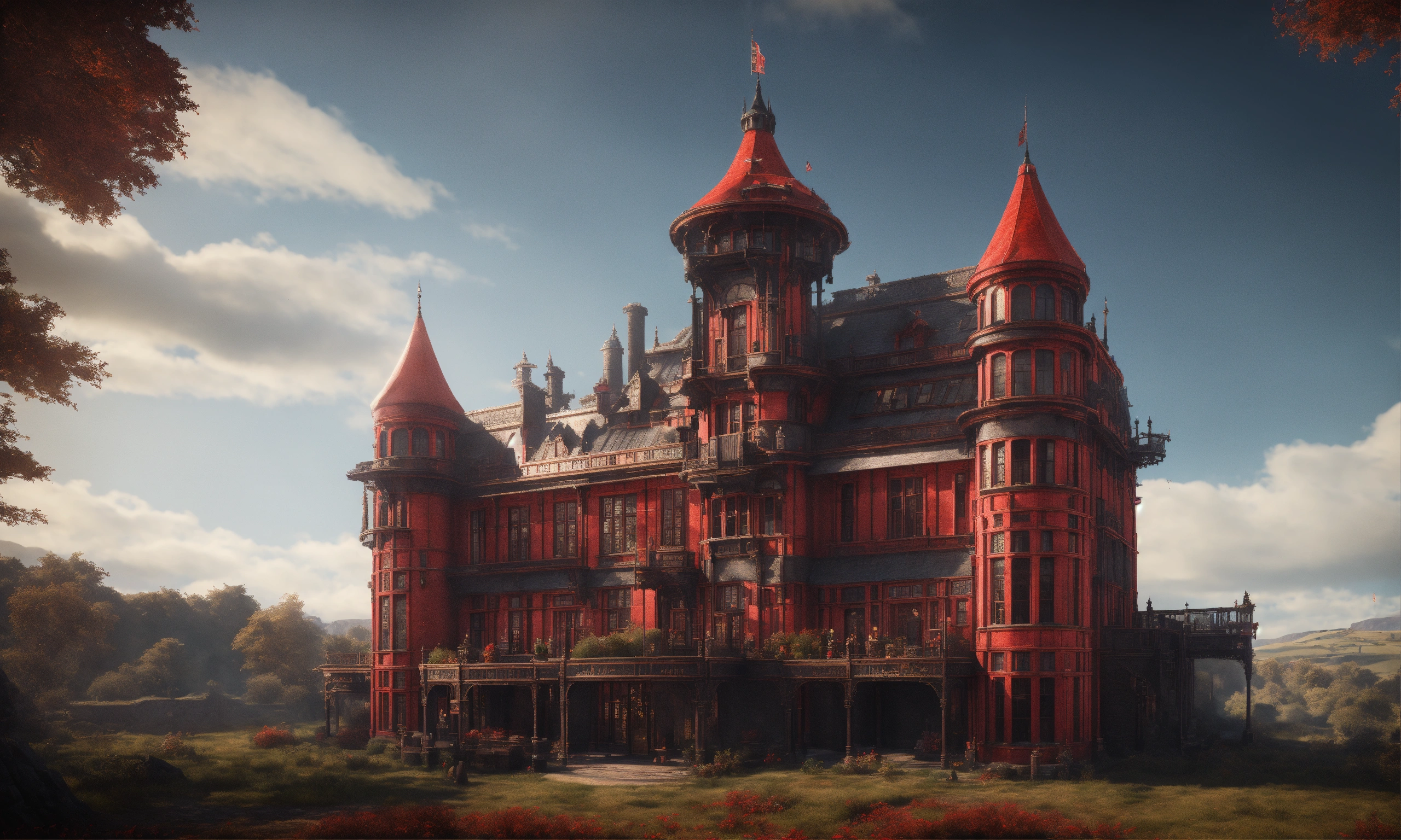 Lexica - Full image of a massive charcoal and red steampunk palace in ...