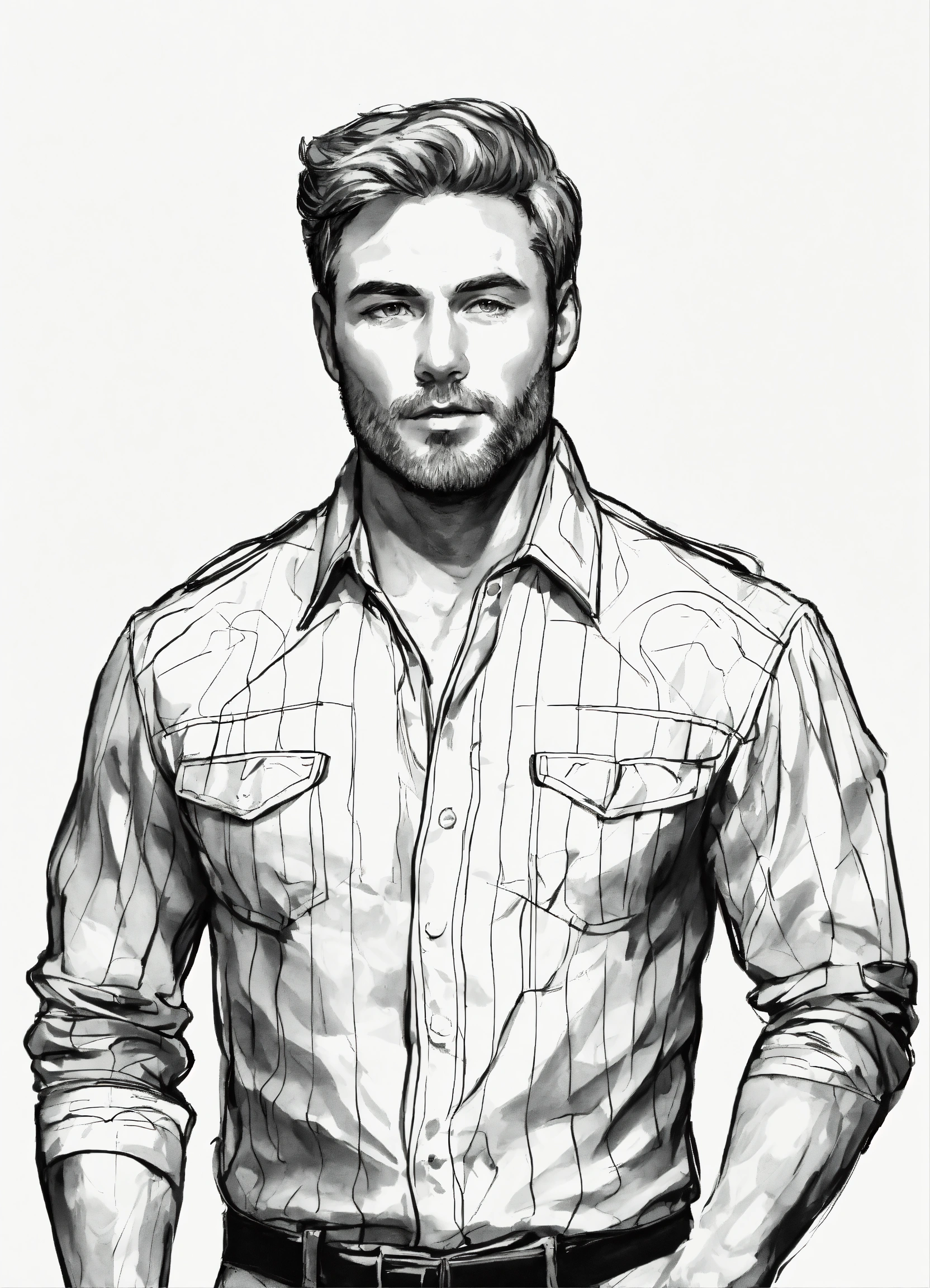 Lexica - Black and white line drawing, man, upper body, white ...