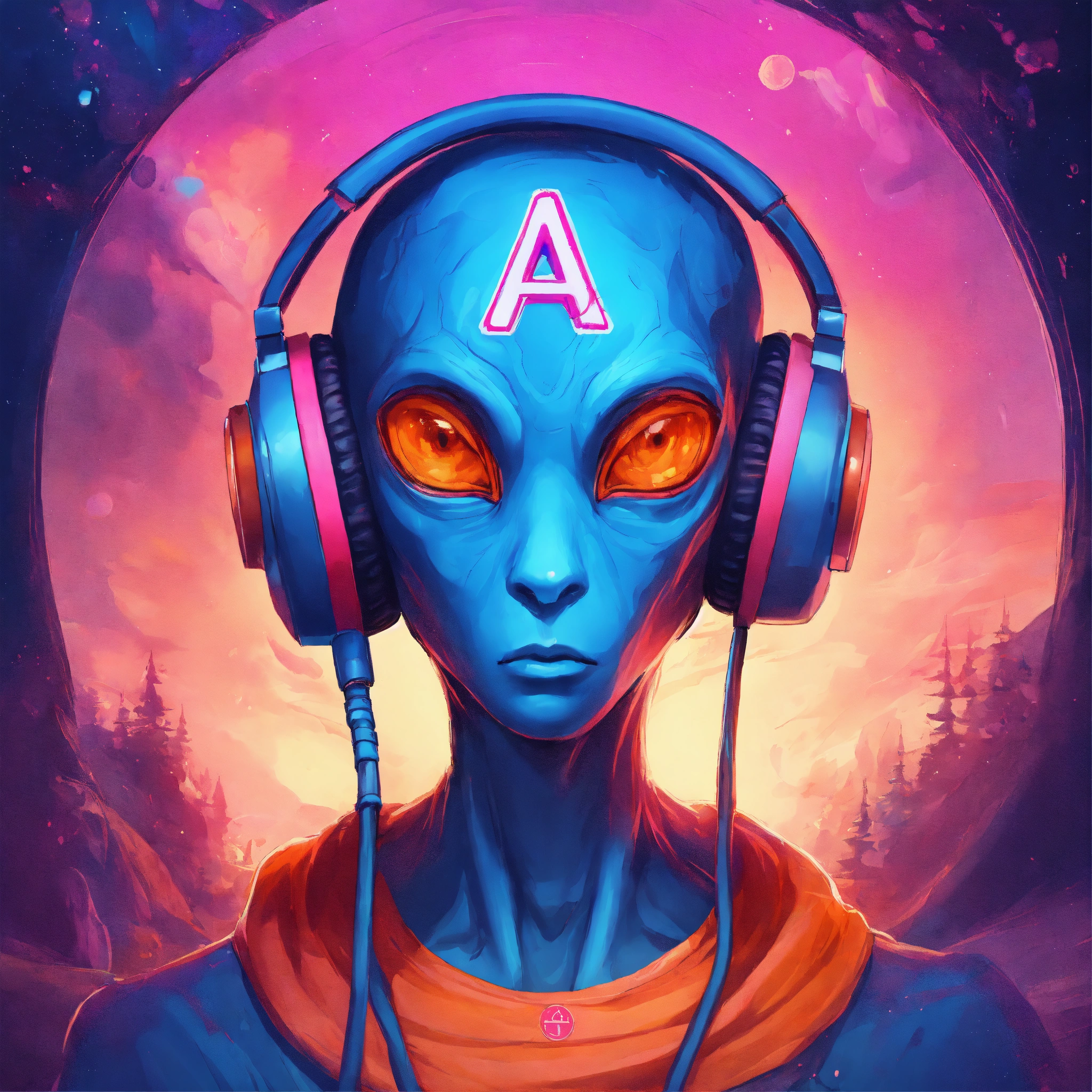 Lexica - Blue alien, wearing orange headphone, wearing pink hat with ...
