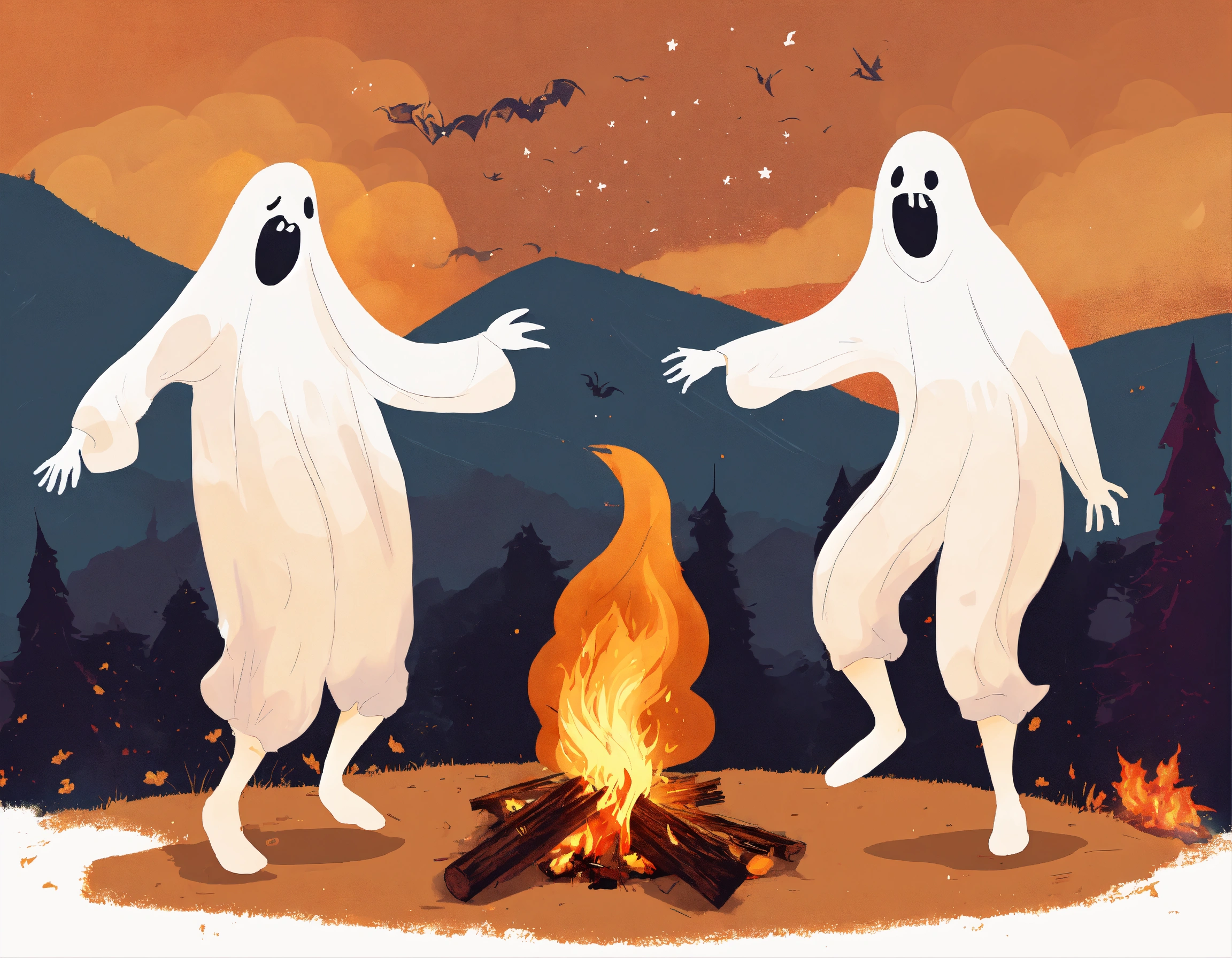 Lexica - Funny couple of ghost dancing around a bonfire digital ...