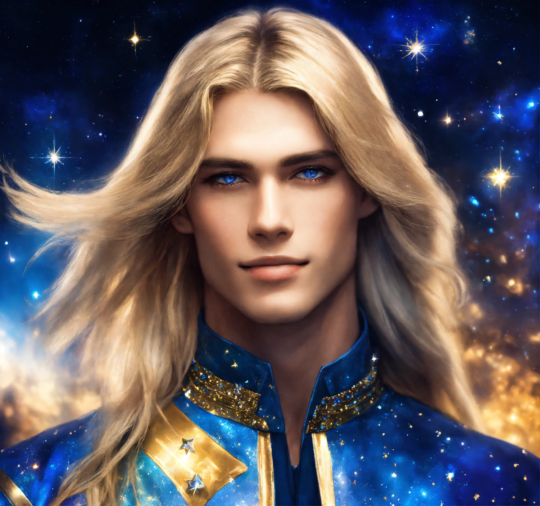 Lexica - Beautiful faces cosmic men long blond hair, smiling, blue and ...
