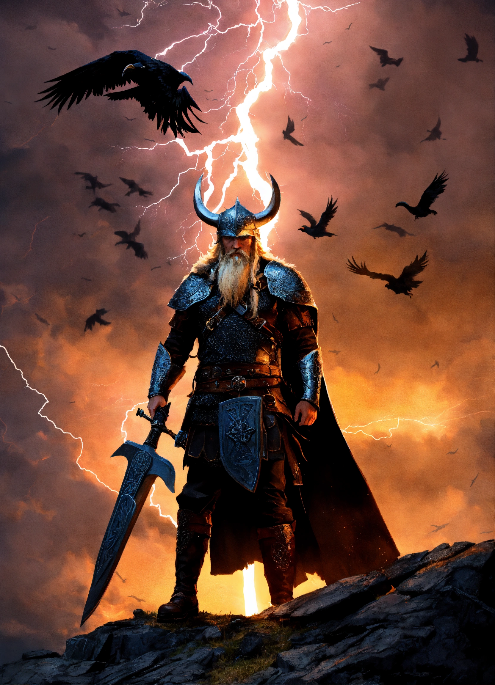 Lexica - Odin, axes, ravens in background, dramatic, lightning, warrior ...