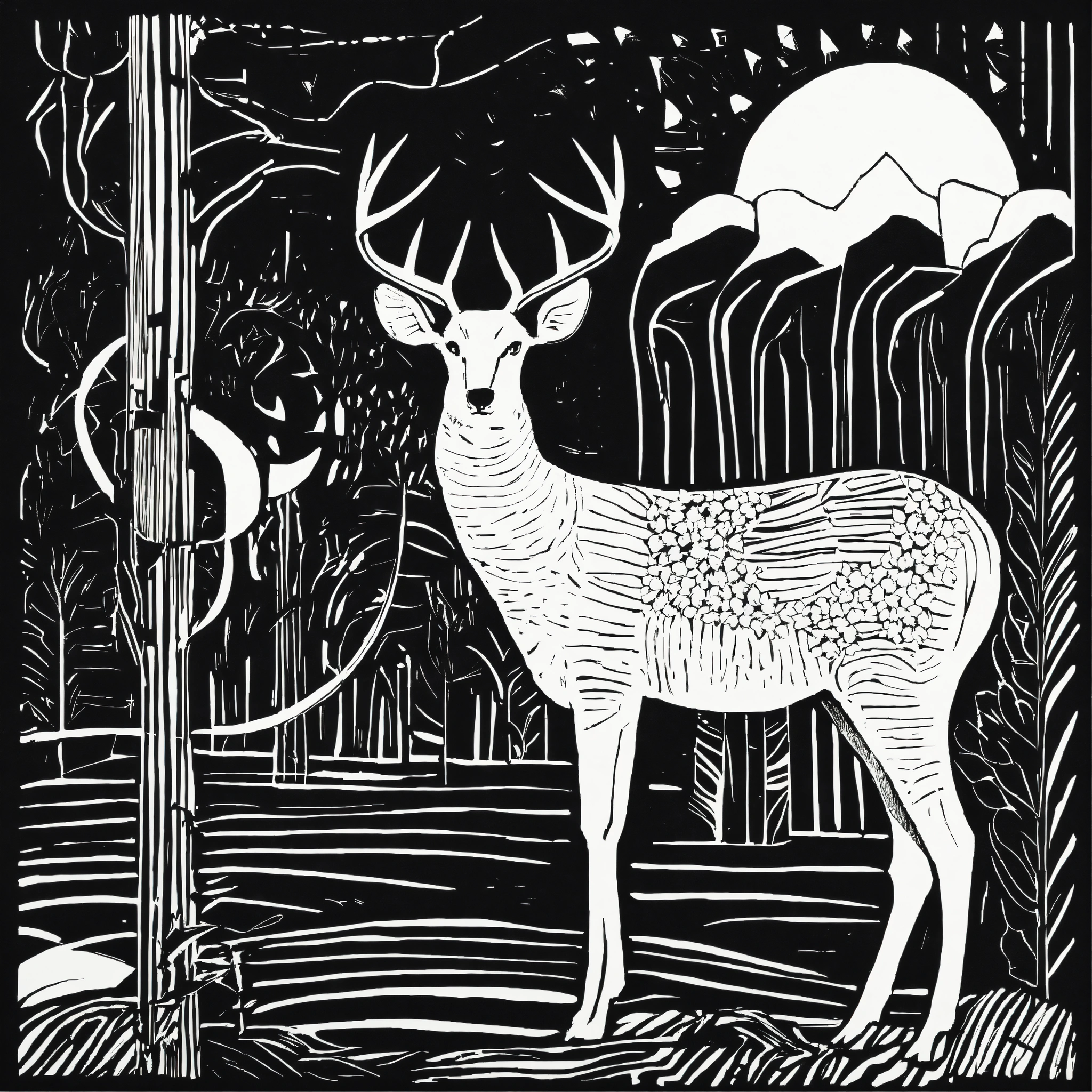 Lexica - Linocut, art drawing abstract animals, bold lines, black and white