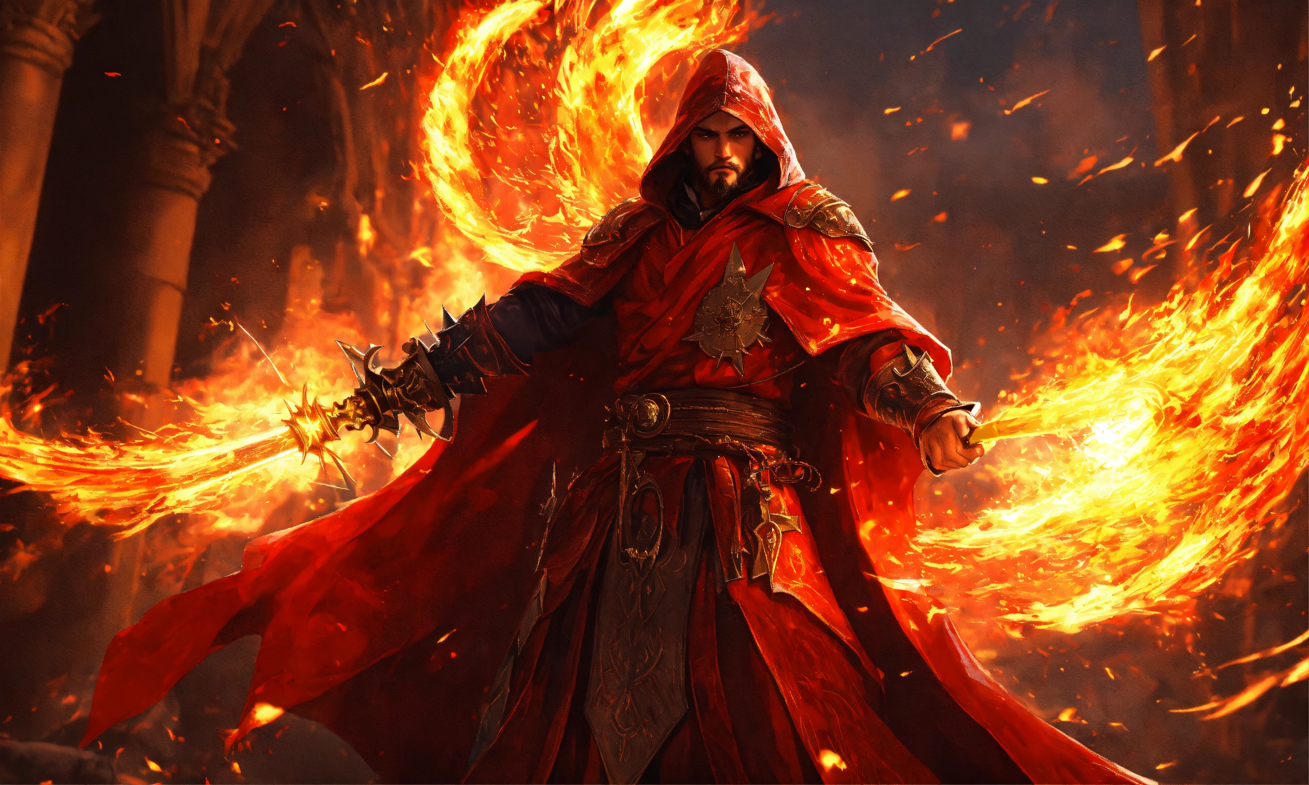 Lexica - Red robes sorcerer casting fire magic in an arc, flame ...