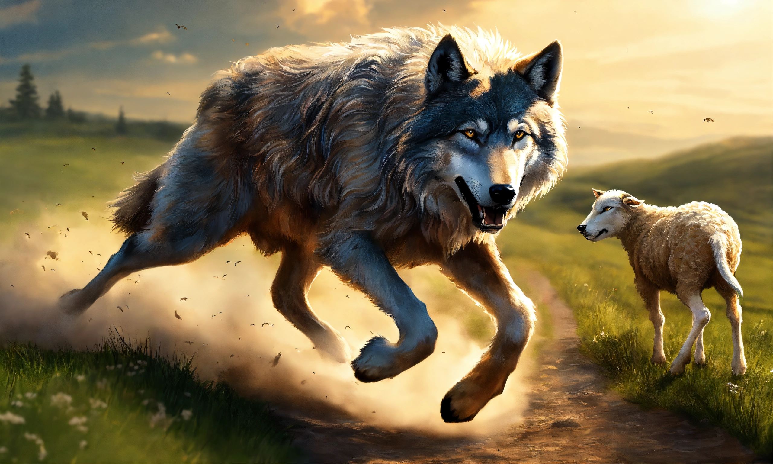 Lexica - Very high detailed 2d illustration of wolf chasing sheep's