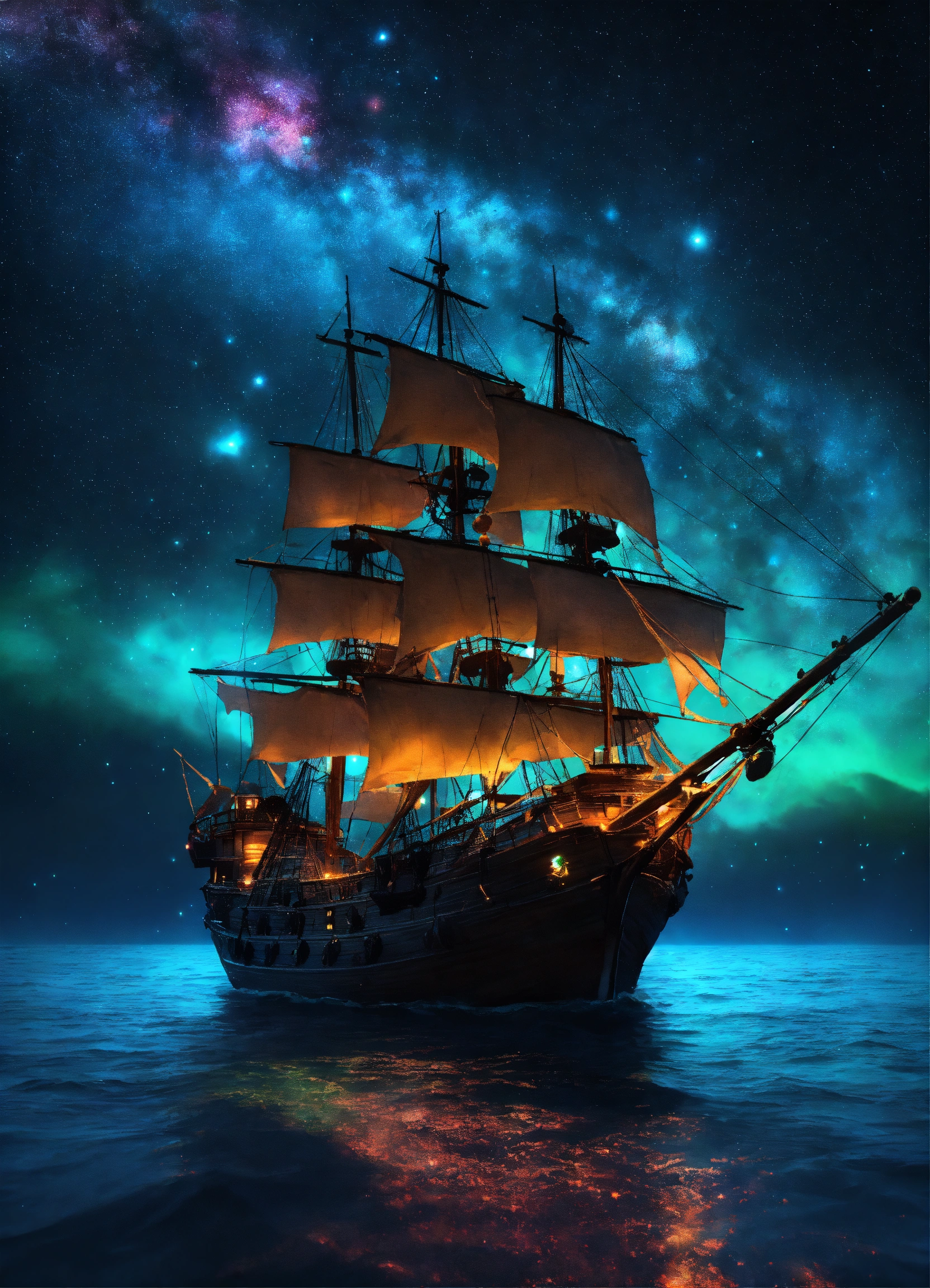 Lexica - (Pirate ship sailing into a bioluminescence sea with a galaxy ...