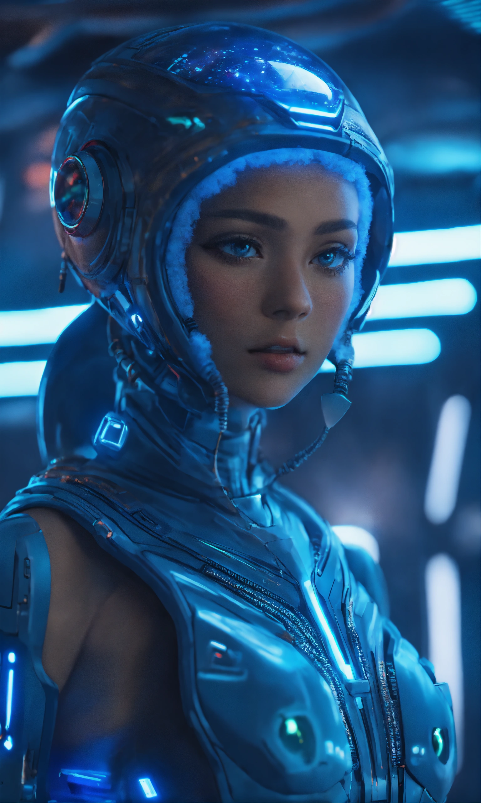 Lexica - Zoom out of a wise fuzzy blue alien girl on hi tech mother ...