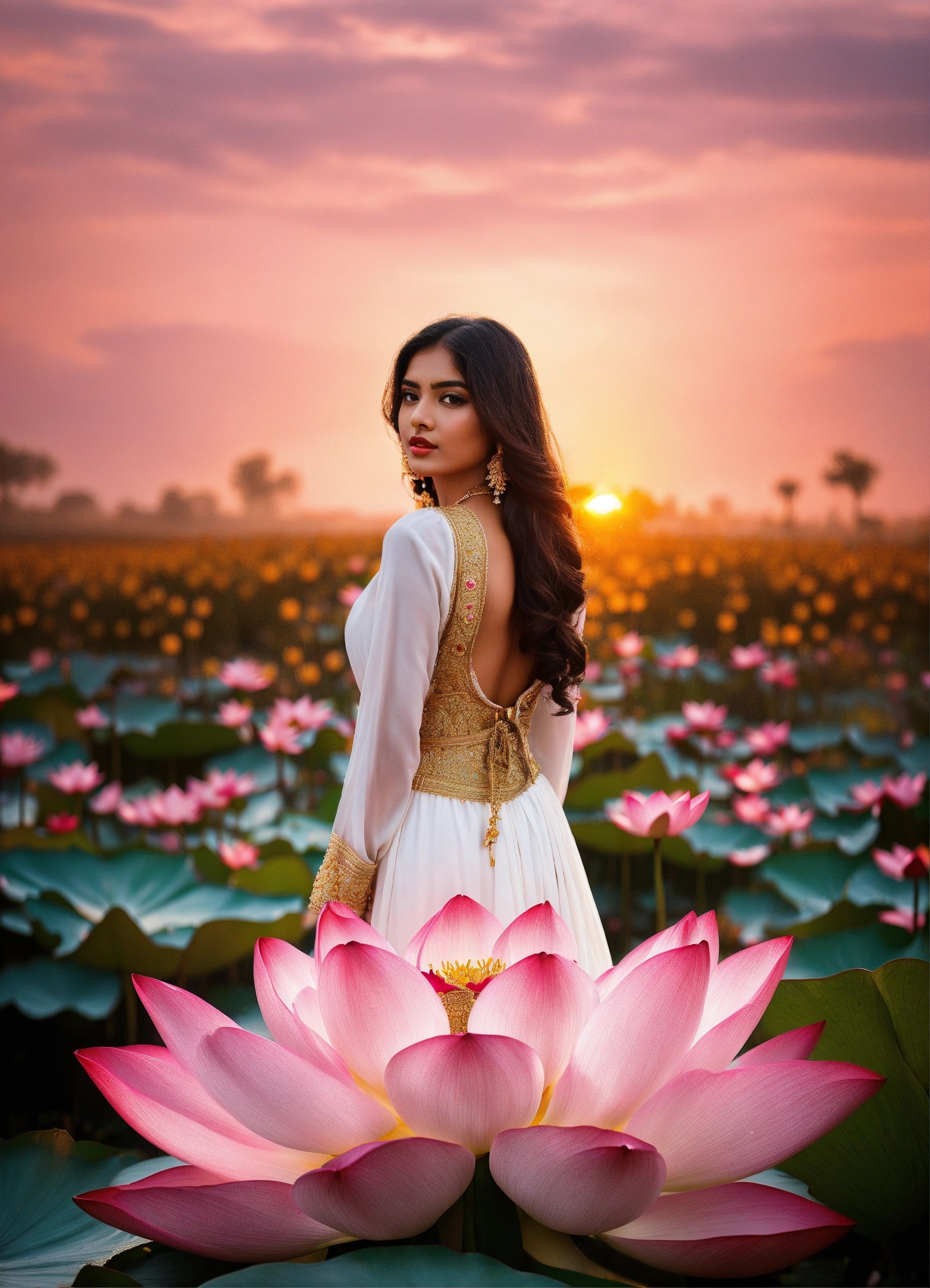 Lexica - A large pink lotus flower surrounded by other golden lotus ...