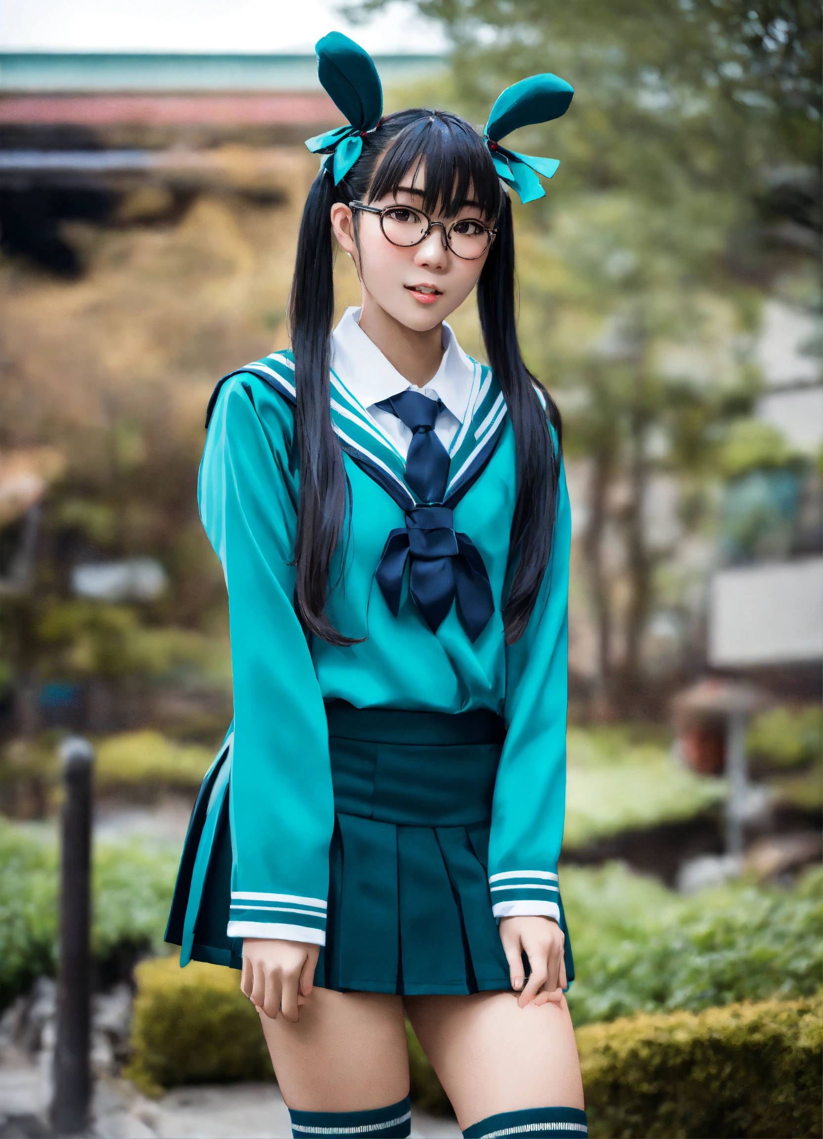 Lexica - Japanese Girl with twin tails and glasses in glossy teal ...