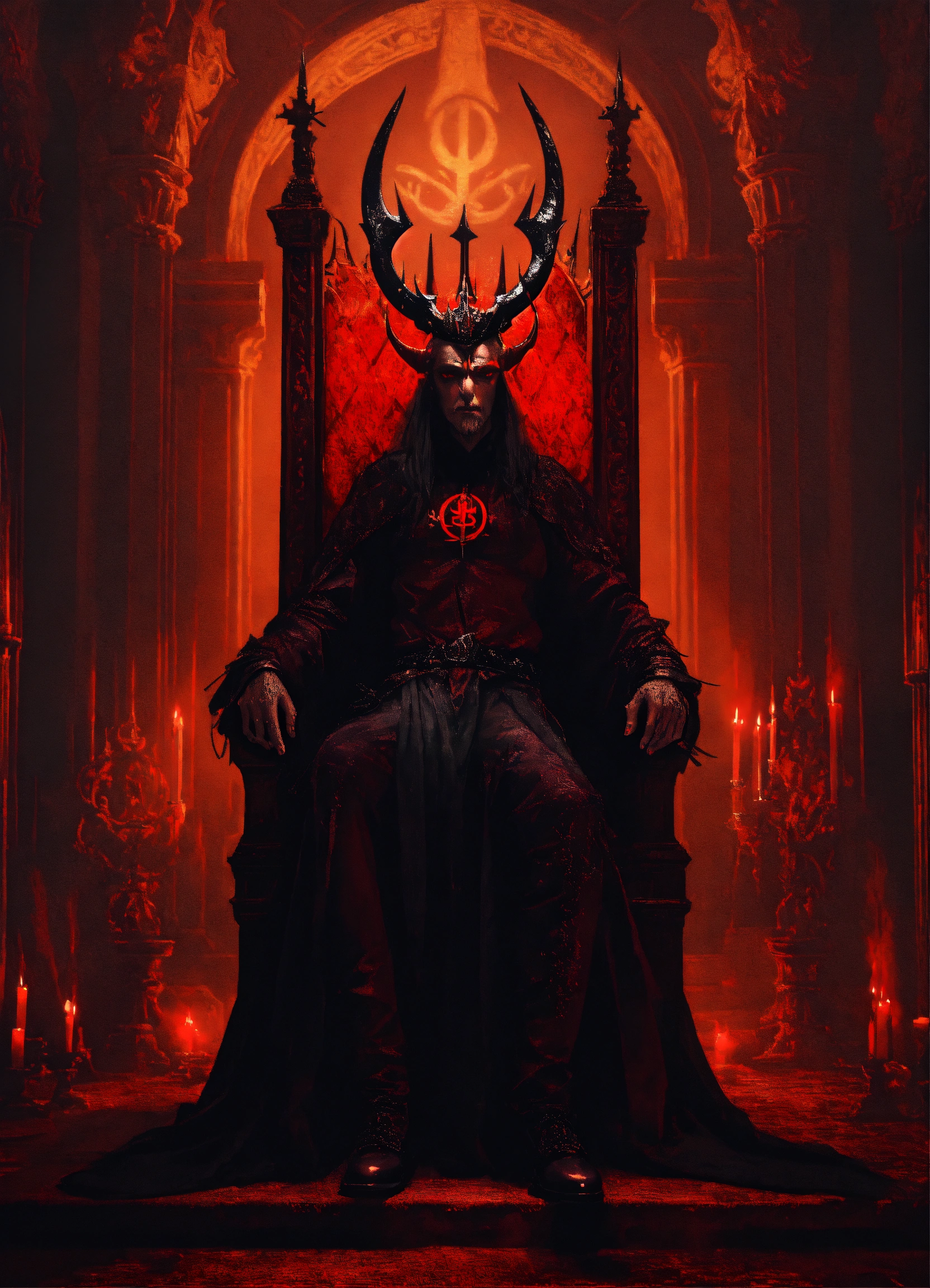Lexica - Satan with crown on his head, sitting on his throne,red eyes ...