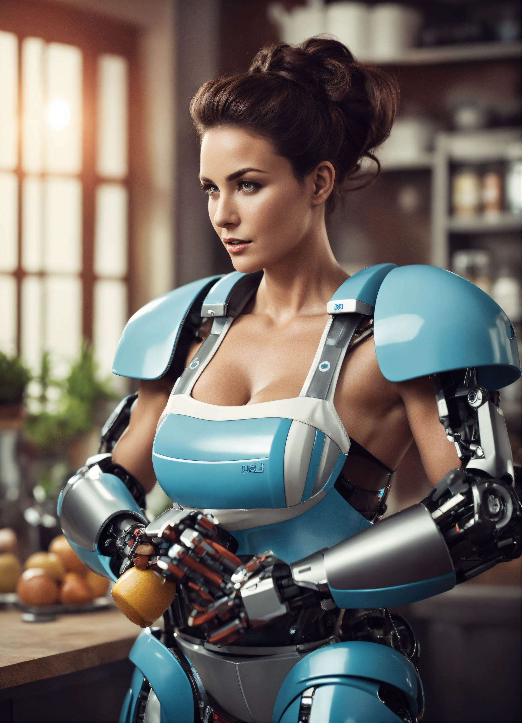 Lexica - Mom robot maid with huge muscles, maid outfit, athletic body, product photography ...