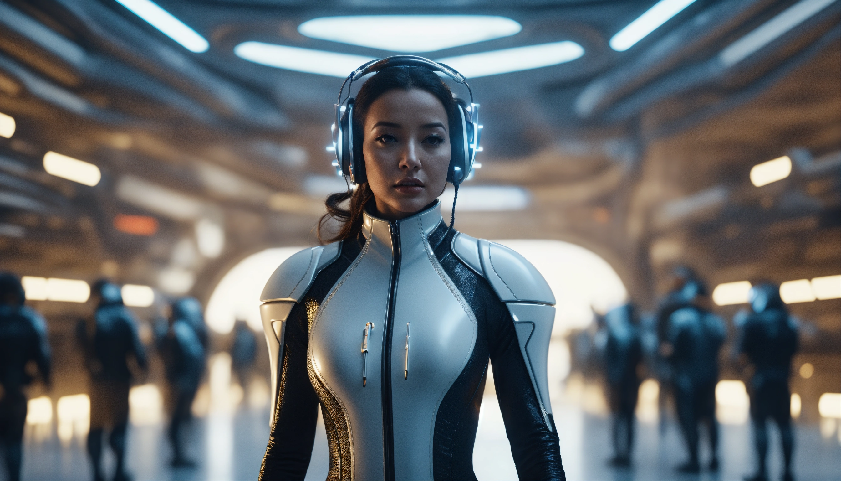 Lexica - Wide shot of a female super spy wearing a tight futuristic spy ...