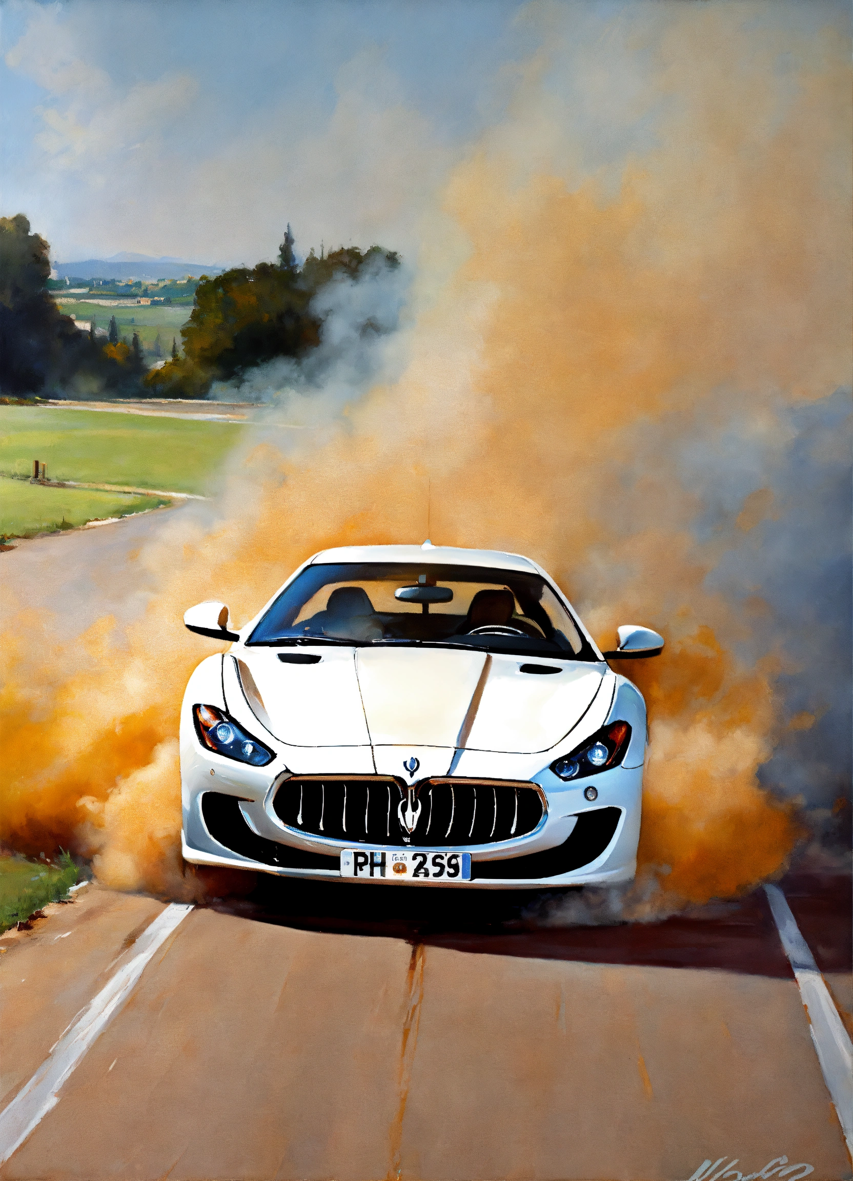 Lexica - Oil painting of white maserati gran turismo with number plate ...
