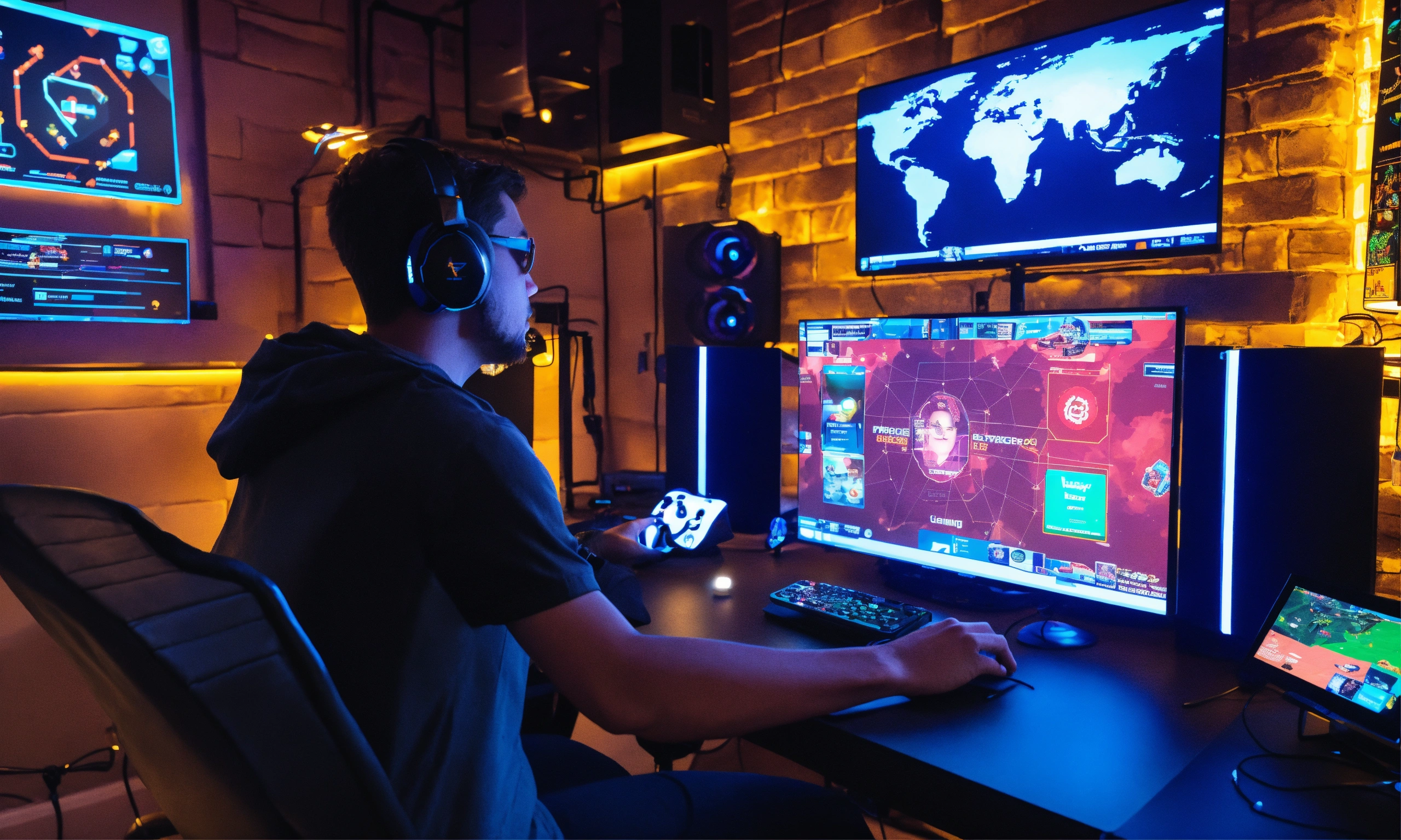 Lexica - A gamer playing a blockchain game in their gaming den. Include ...