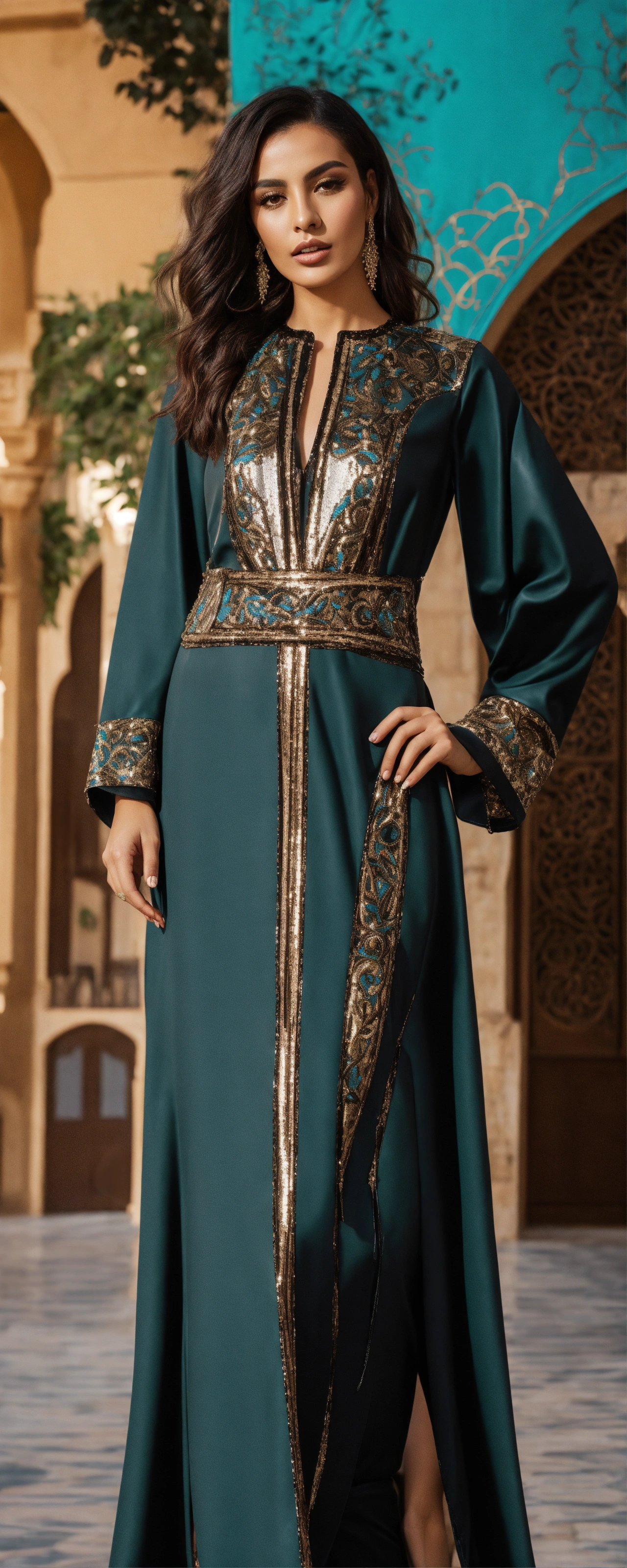 Lexica - Beautiful Arab women model, wearing luxury dress caftan , With ...