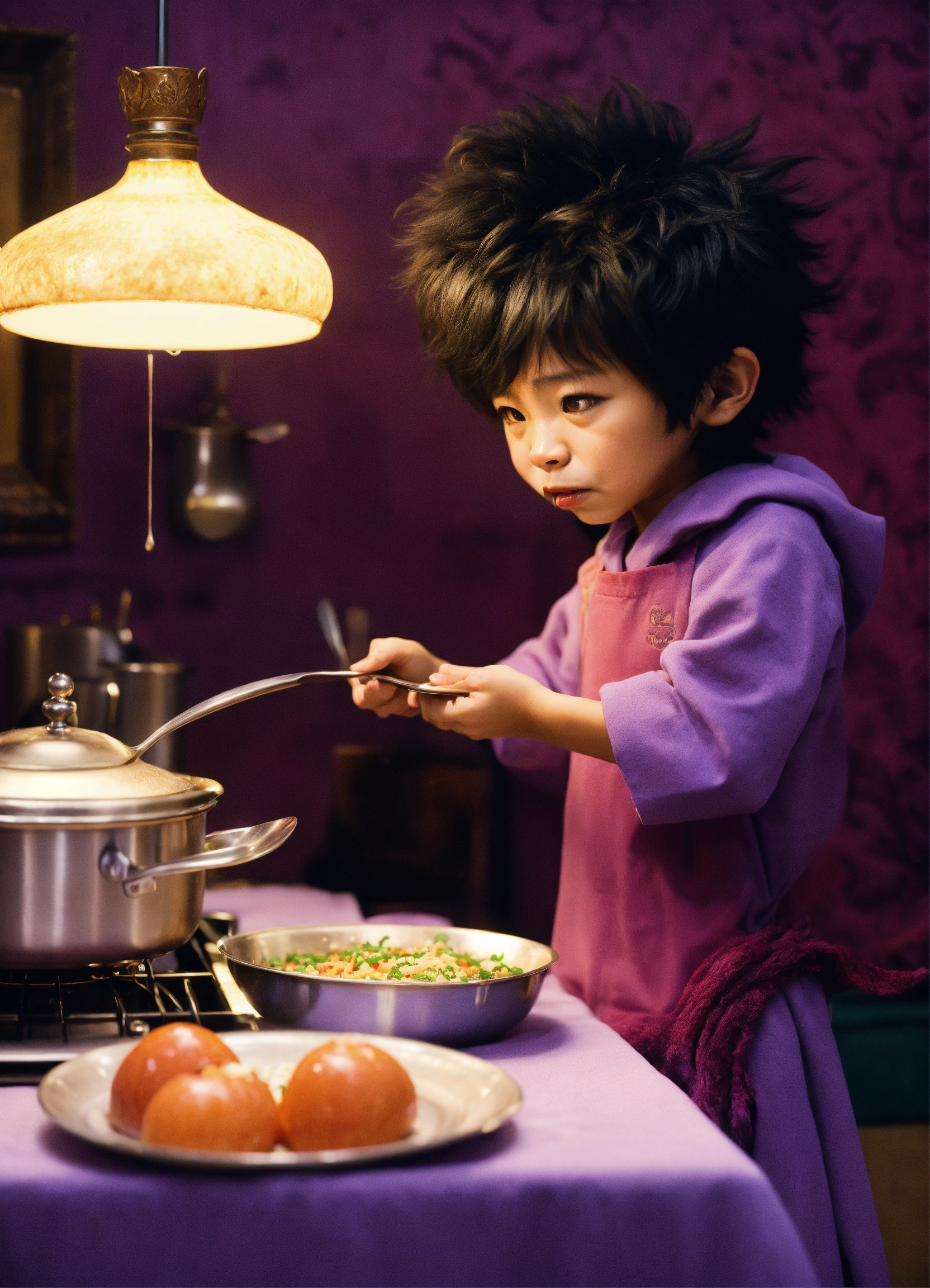 Lexica - Cute werewolf boy in a purple bedroom cooking their meal by ...