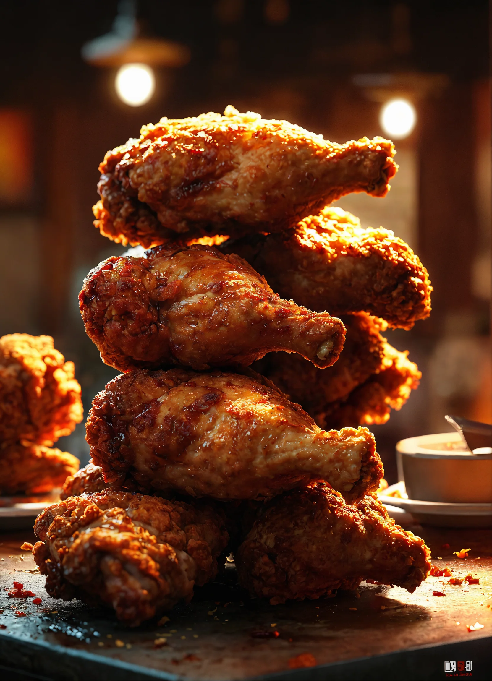 Lexica - Fried chicken stacked on top of each other on a table ...