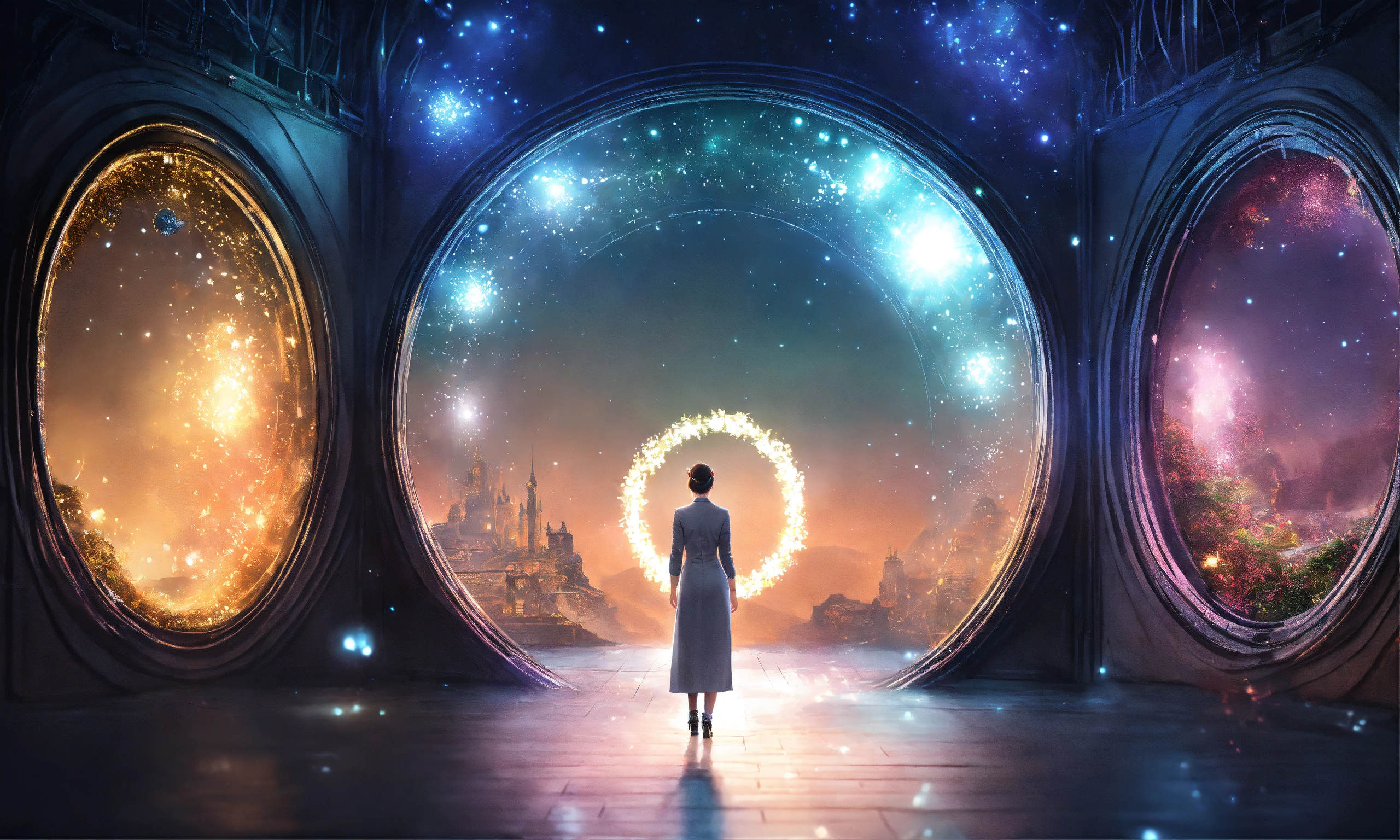 Lexica - Create an image of a woman from behind looking at five portals ...