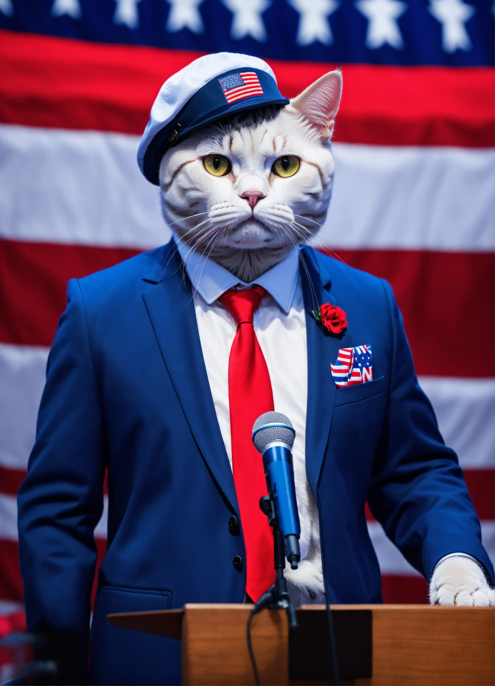 Lexica - A white british shorthair cat wearing giving a speech, on ...