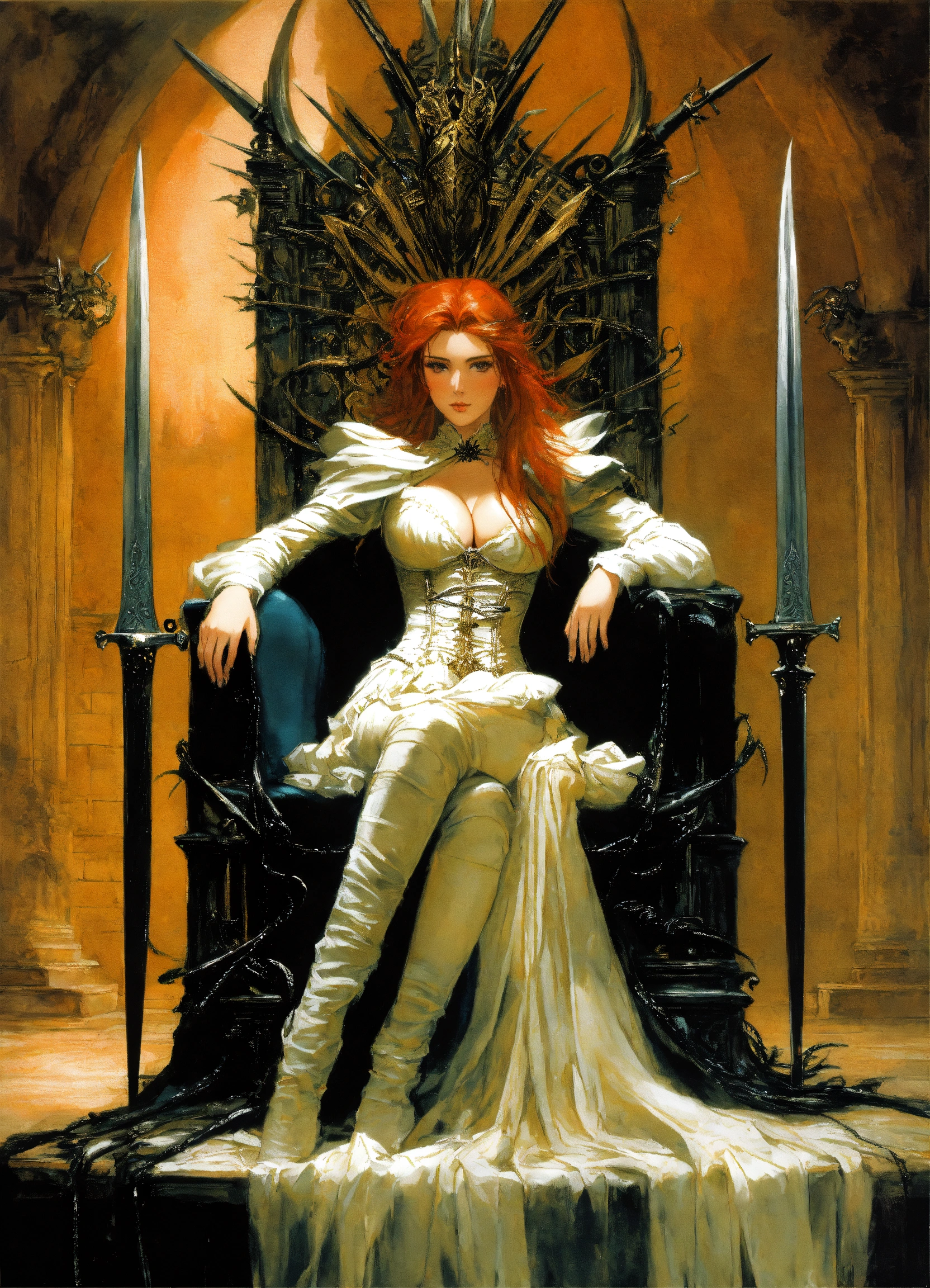 Lexica - Red hair woman with a bodice dress on a huge throne made of ...