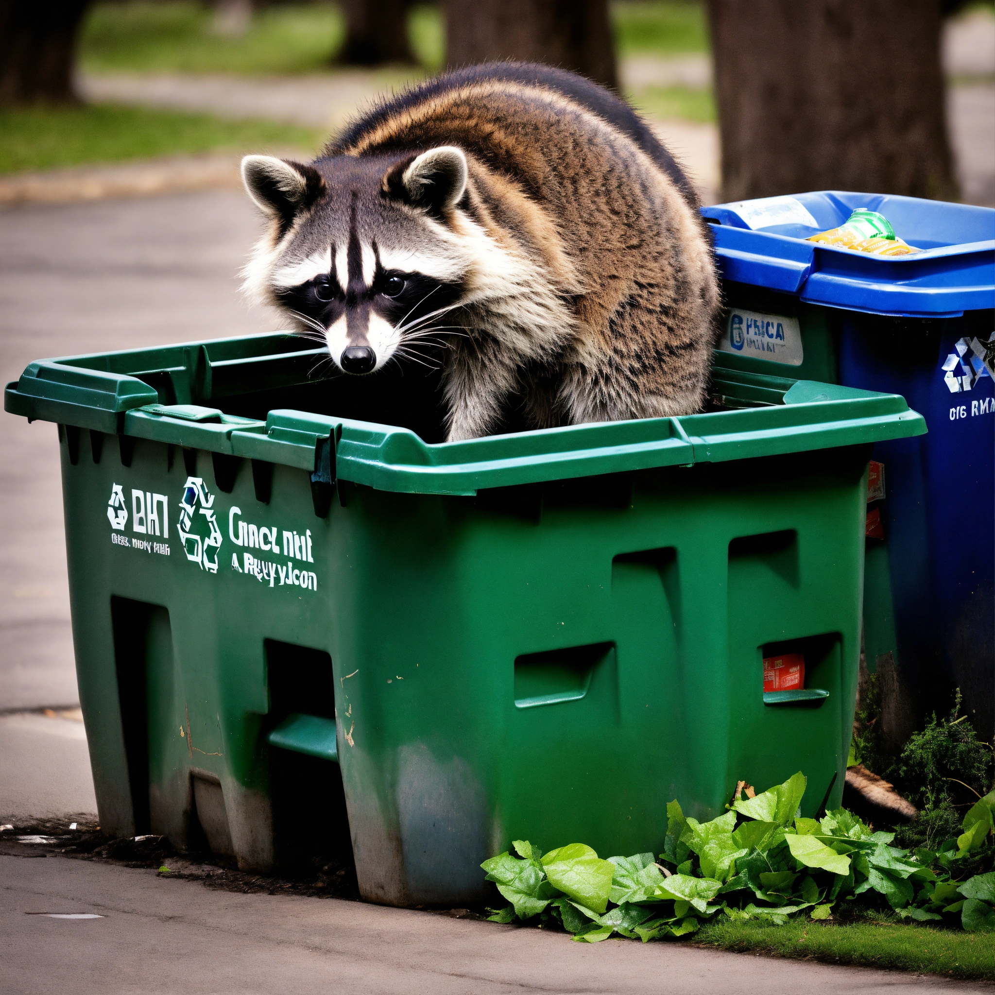 Lexica - A photograph of a raccoon digging through recycling bins, surreal