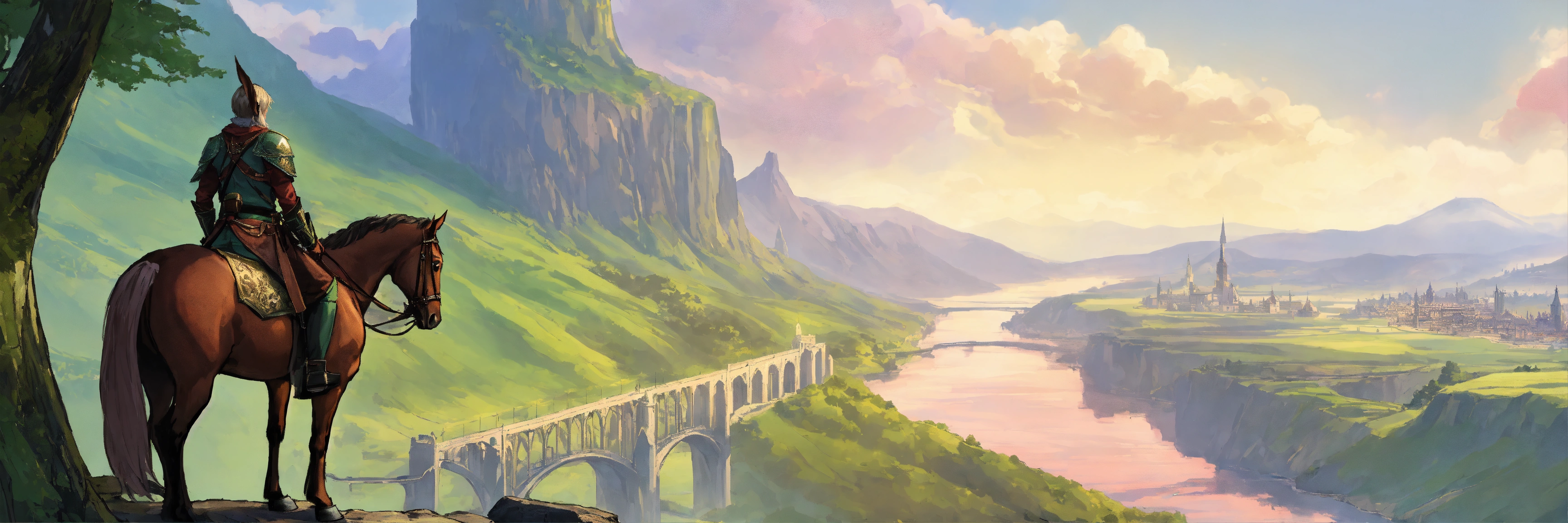 Lexica - Fantasy setting, elf ranger on horseback, looking over a large ...