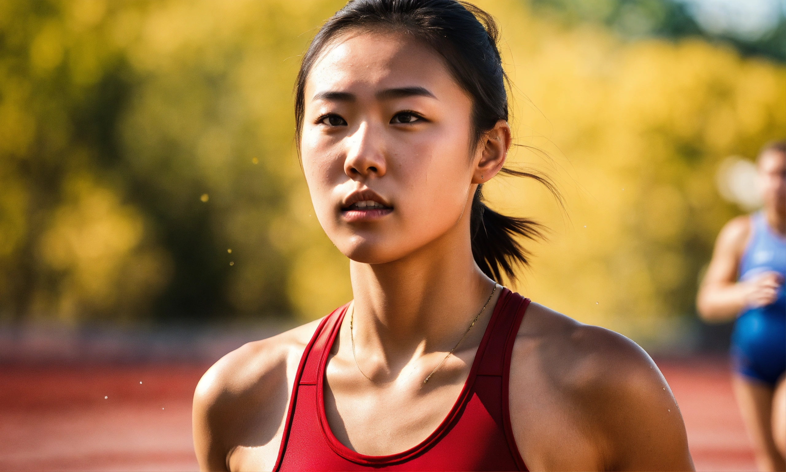 Lexica - Mid-day at a track field. Ultra Close-up shot of an 18-year ...