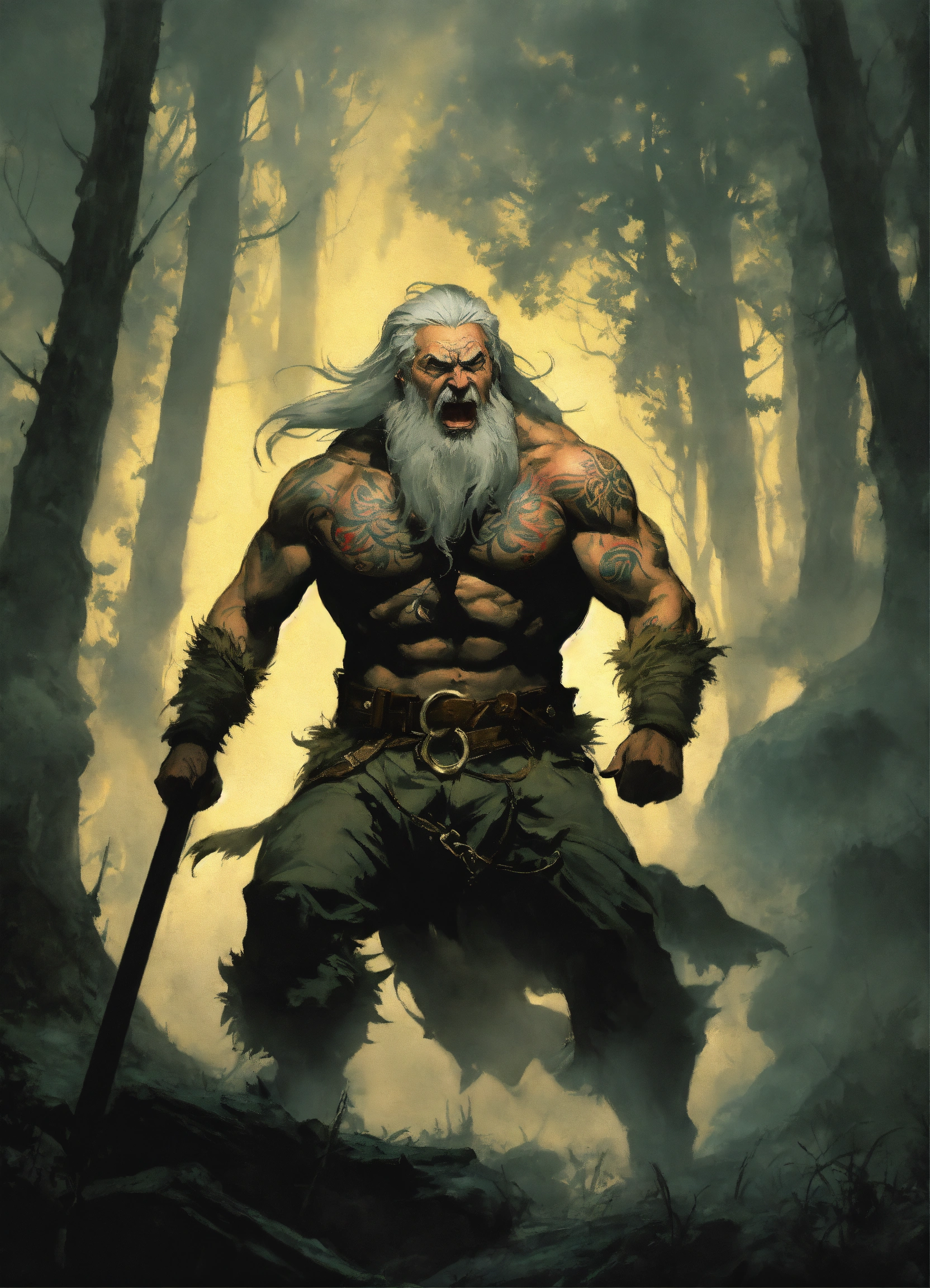 Lexica - In the style of Frank Frazetta, a gaunt old tattooed hermit ...