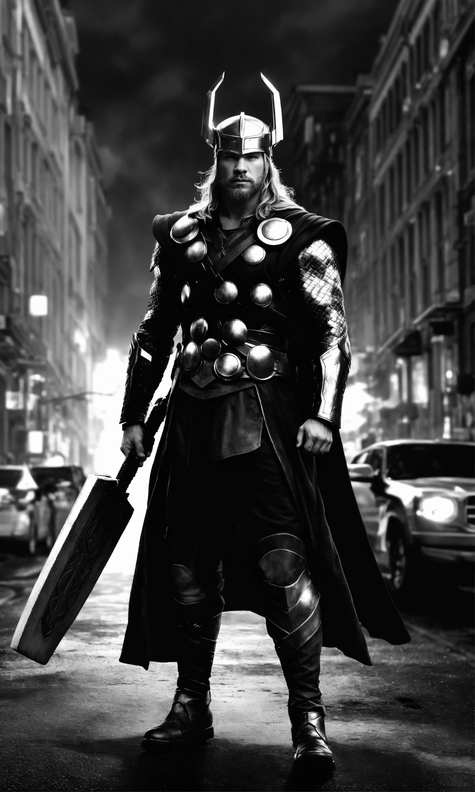 Lexica - In 1800 Thor stands on the street full-body, black and white ...