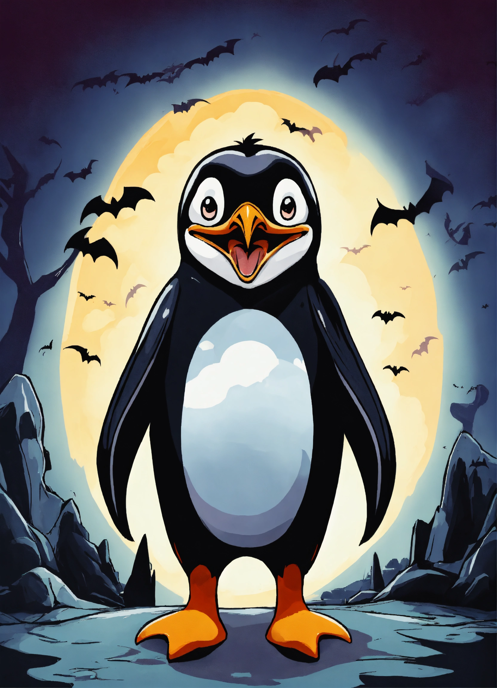 Lexica - A cute penguin with large vampire fangs, spooky background ...