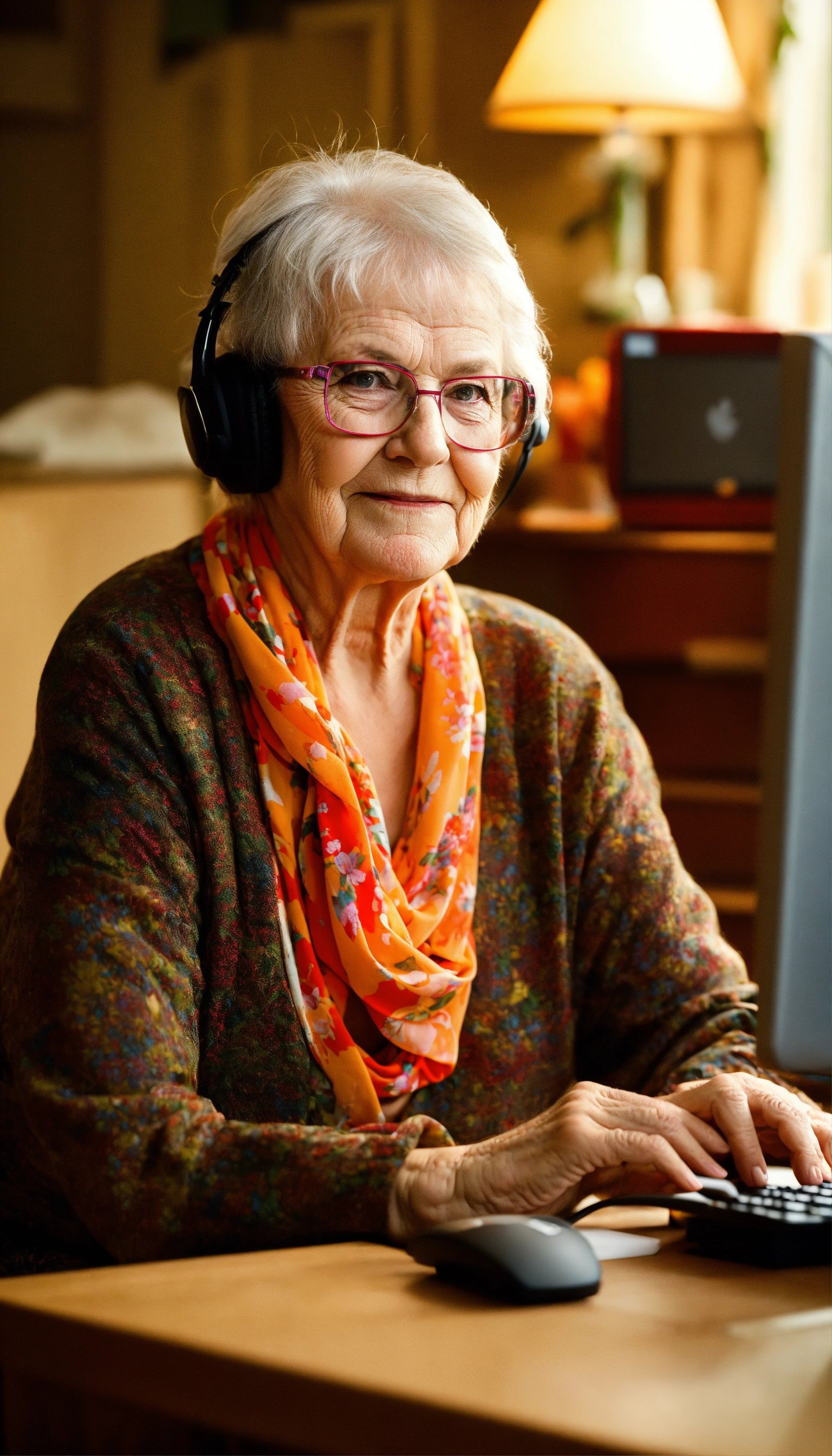 Lexica - British grandma, aged 70, she is sat at her computer looking ...