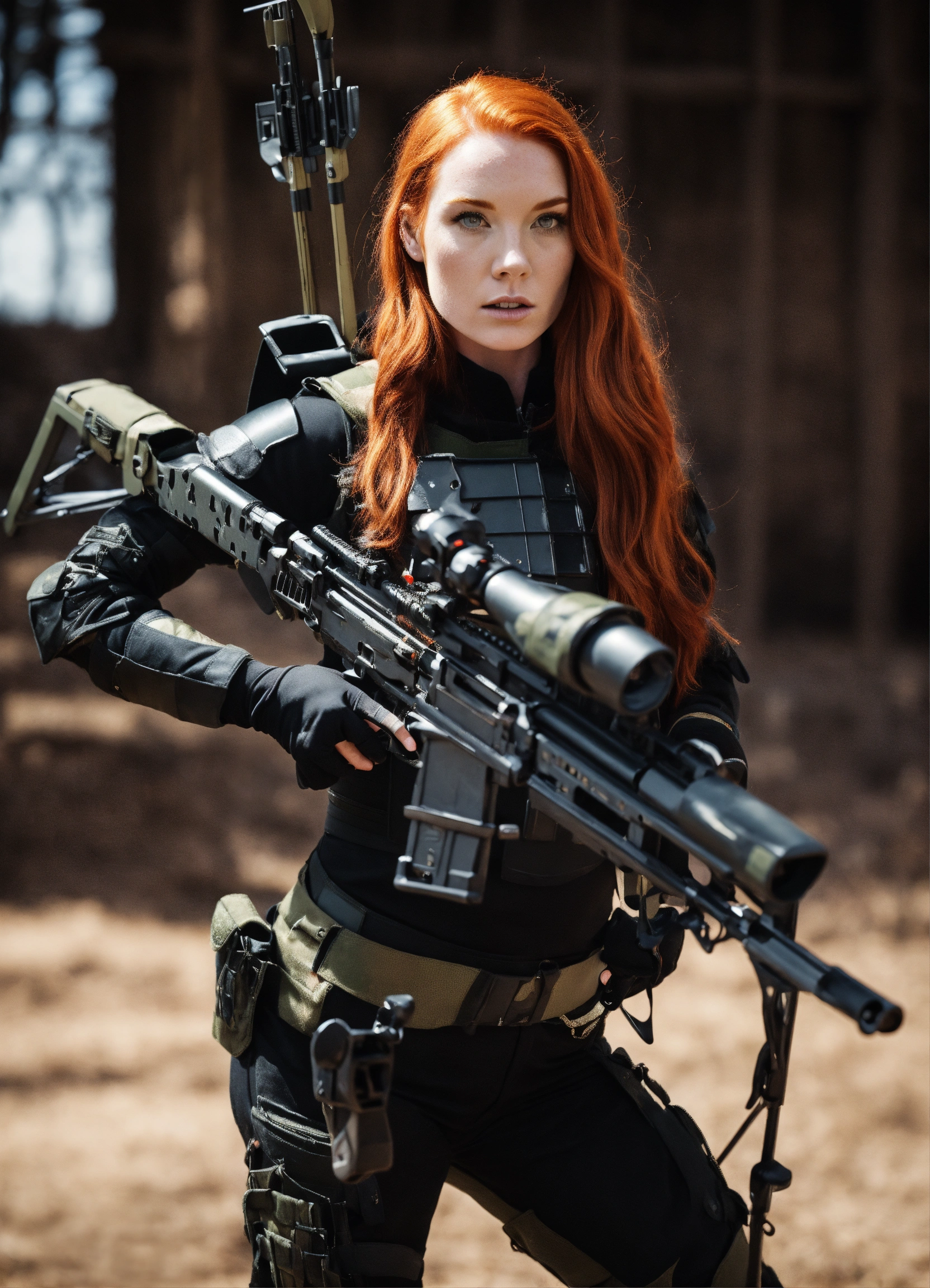 Lexica - Female athletic red hair model wearing black metal military ...