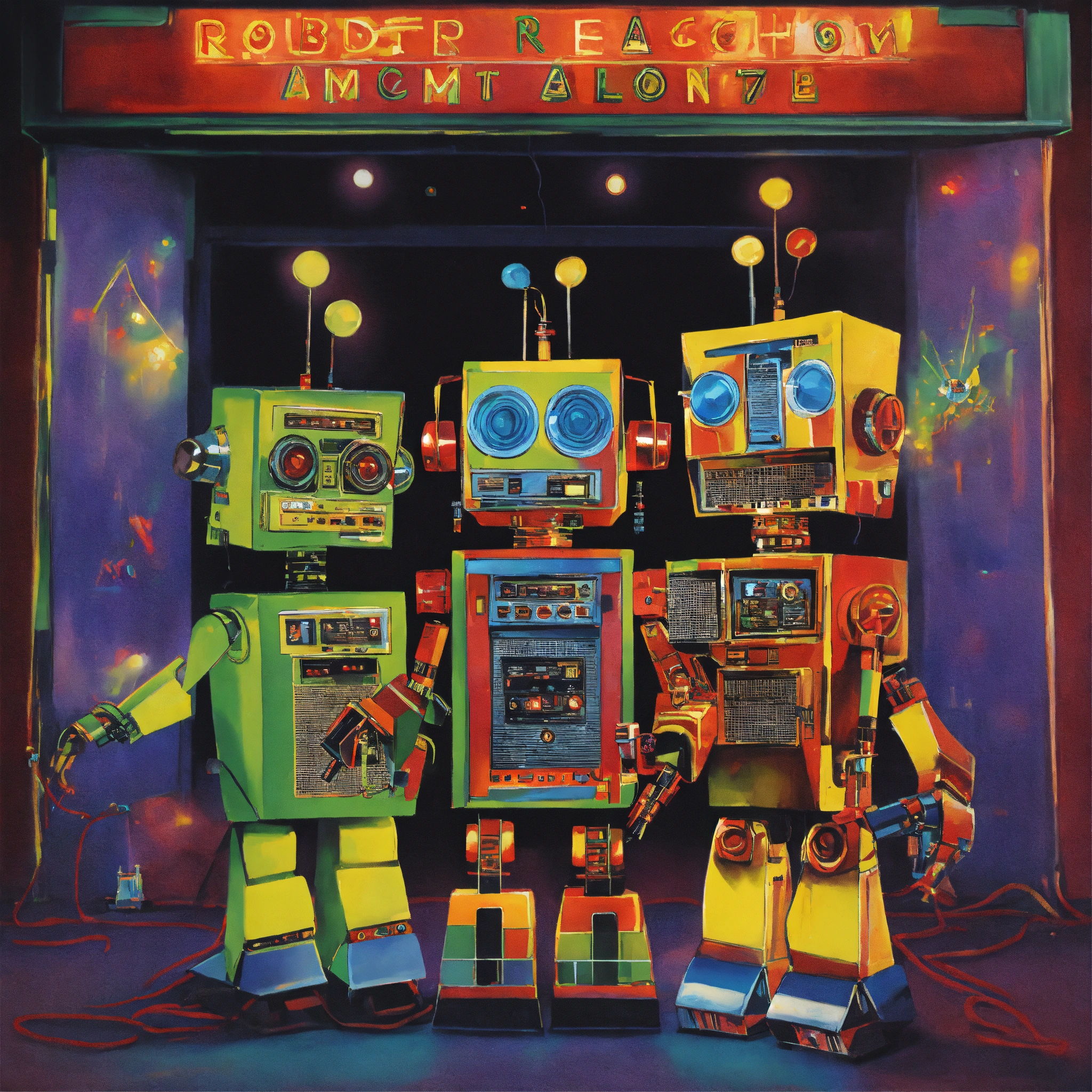 Lexica - Album cover. a group portrait of 3 robots on stage dancing at ...